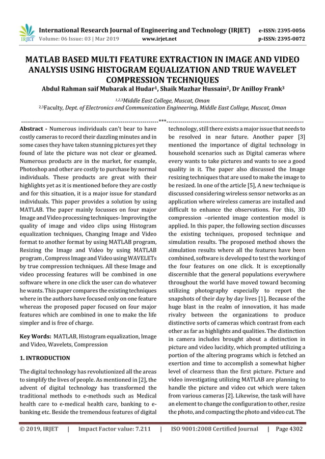Irjet Matlab Based Multi Feature Extraction In Image And Video Analysis Using Histogram
