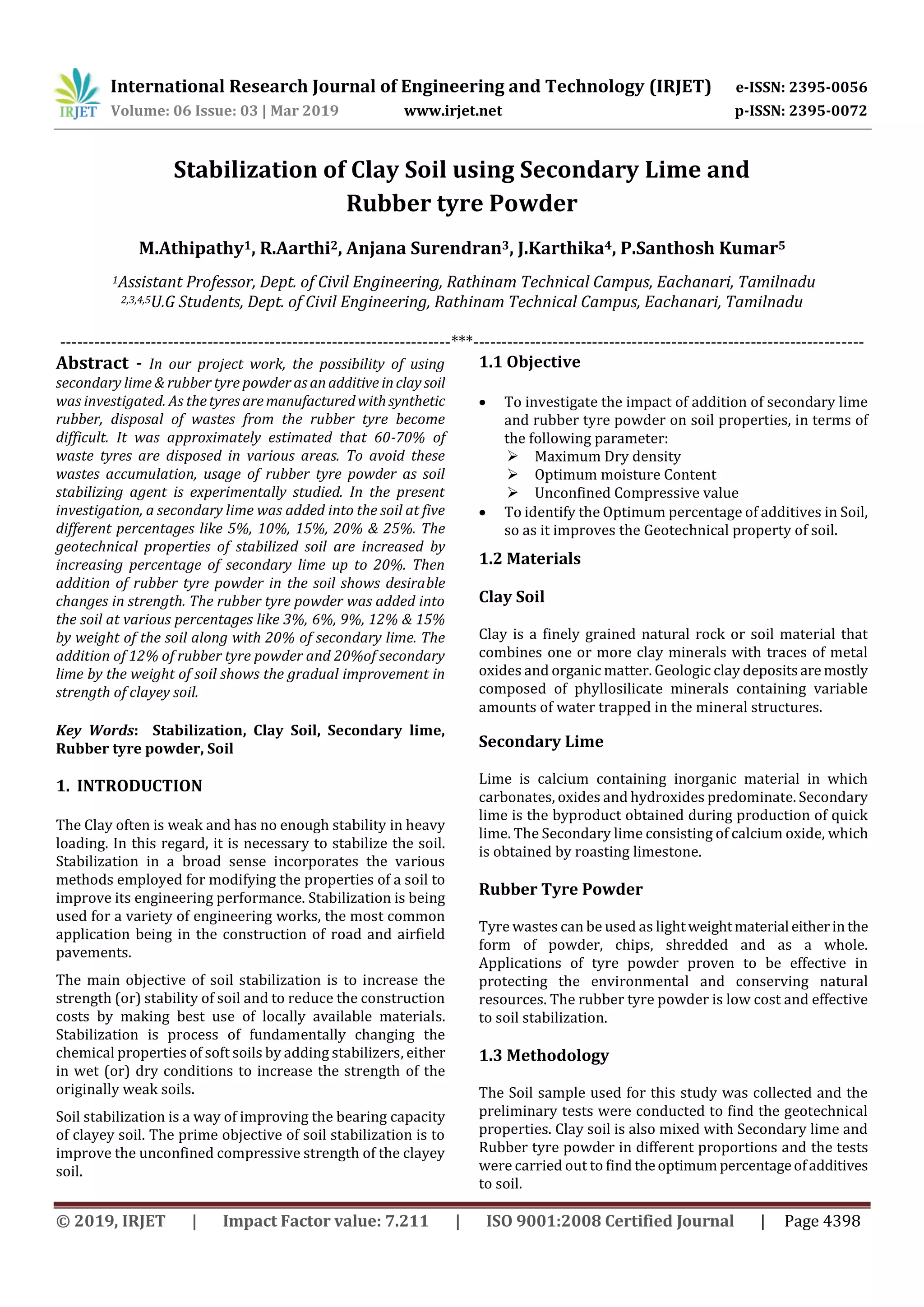 IRJET- Stabilization of Clay Soil using Secondary Lime and Rubber Tyre ...