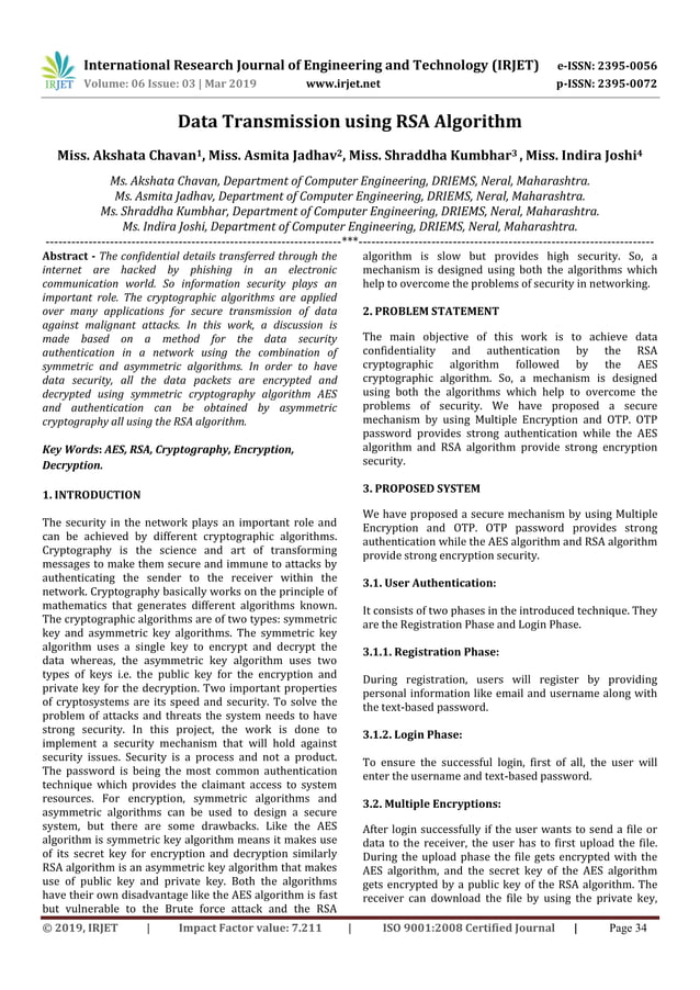 IRJET- Data Transmission using RSA Algorithm | PDF
