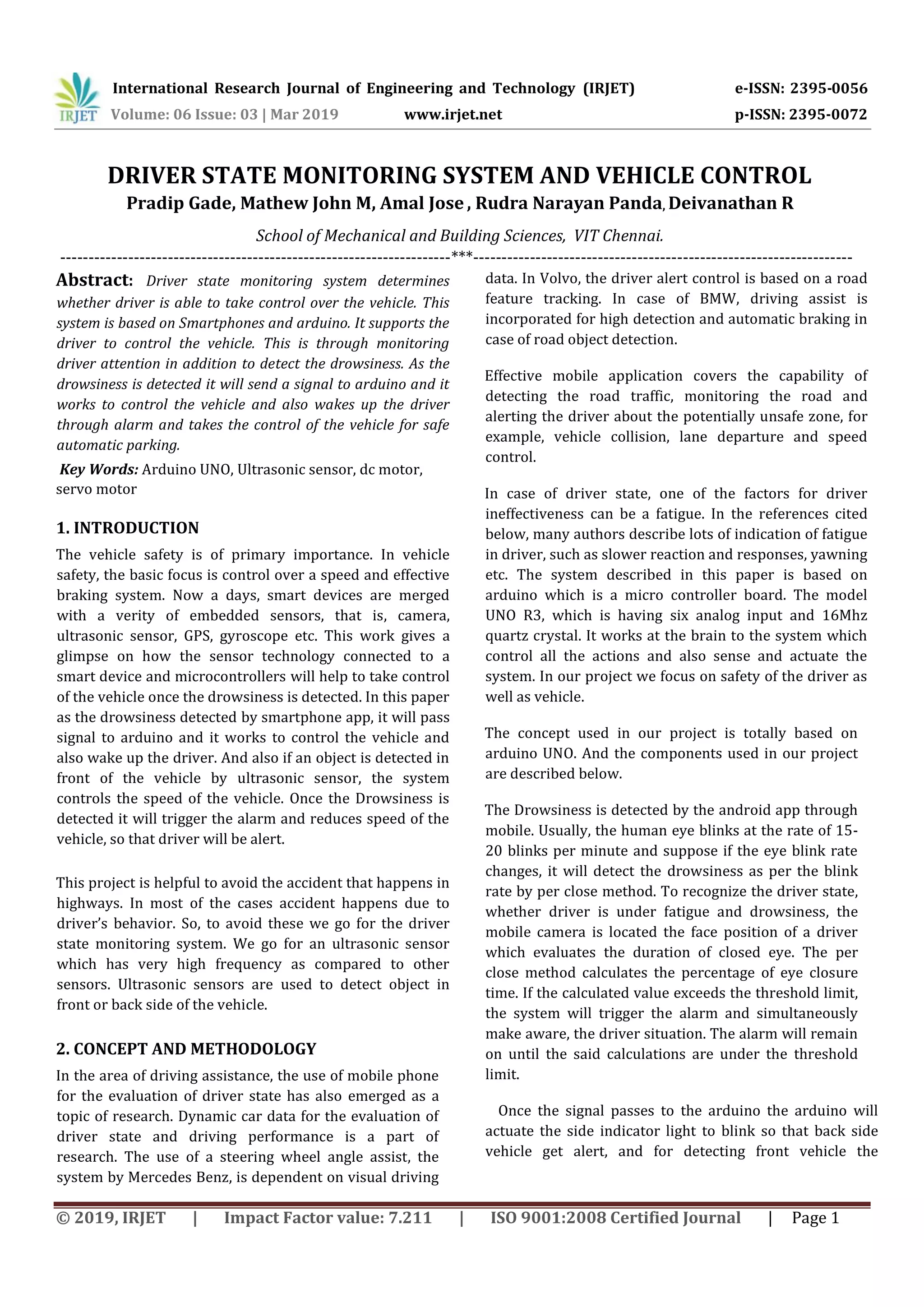IRJET- Driver State Monitoring System and Vehicle Control | PDF ...