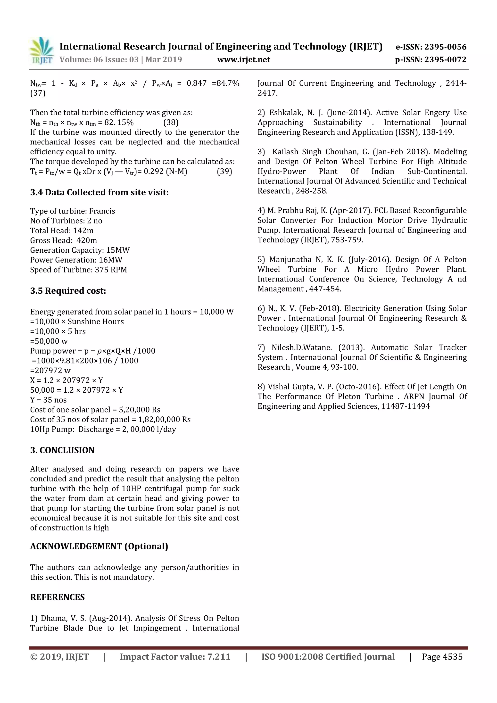 IRJET- Analysis of Solar Turbine for Bhatsa Dam | PDF