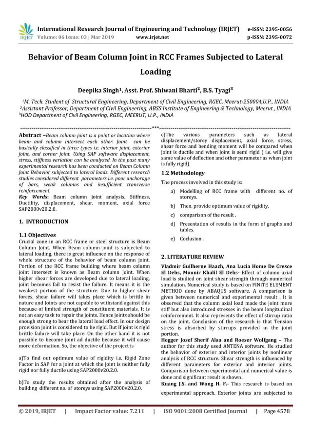 IRJET- Behavior of Beam Column Joint in RCC Frames Subjected to Lateral Loading | PDF