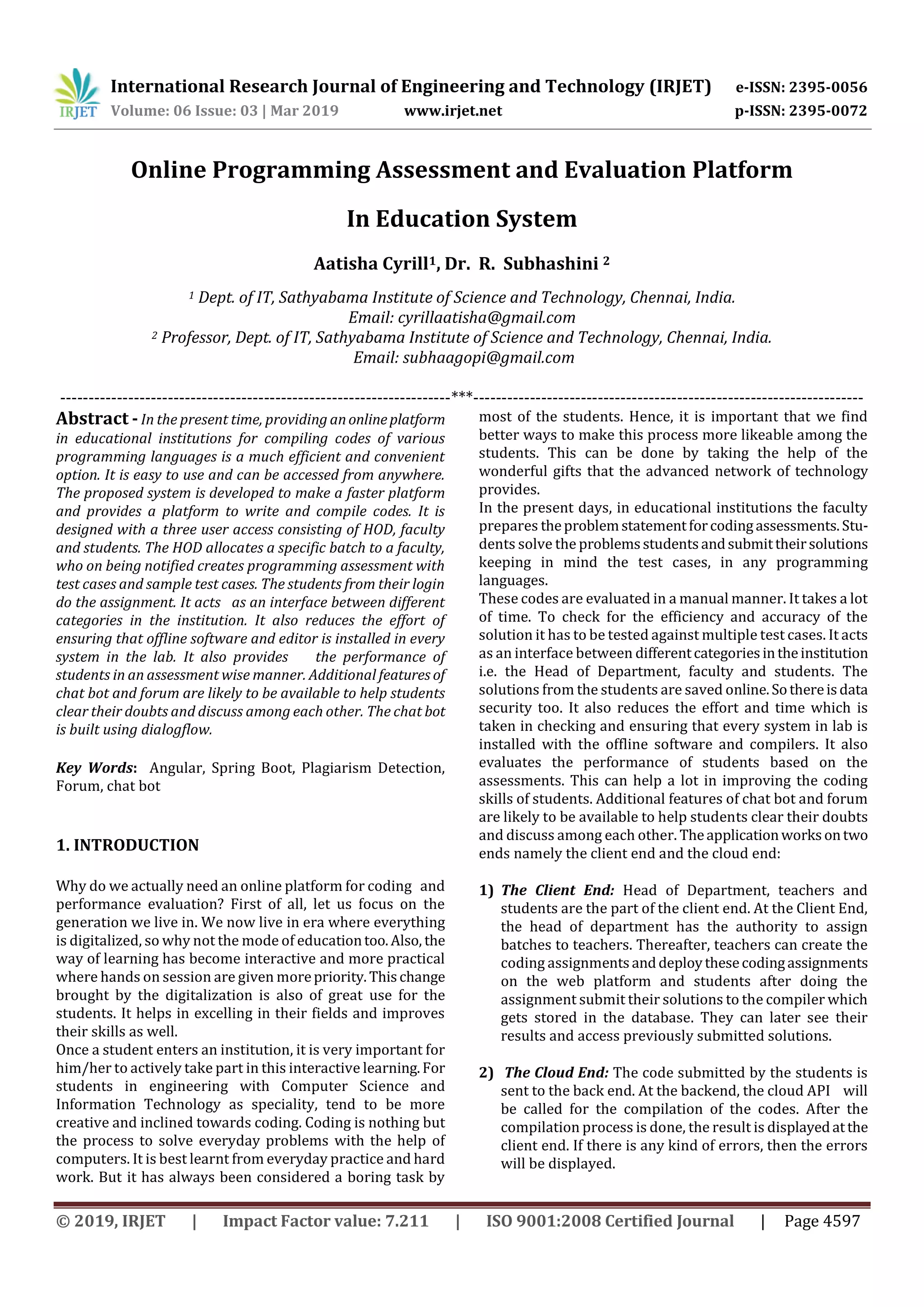 IRJET- Online Programming Assessment and Evaluation Platform in Education System | PDF