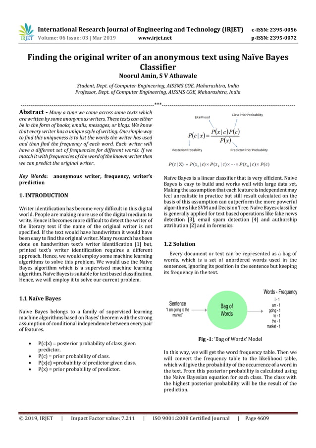 IRJET- Finding the Original Writer of an Anonymous Text using Naïve Bayes Classifier | PDF
