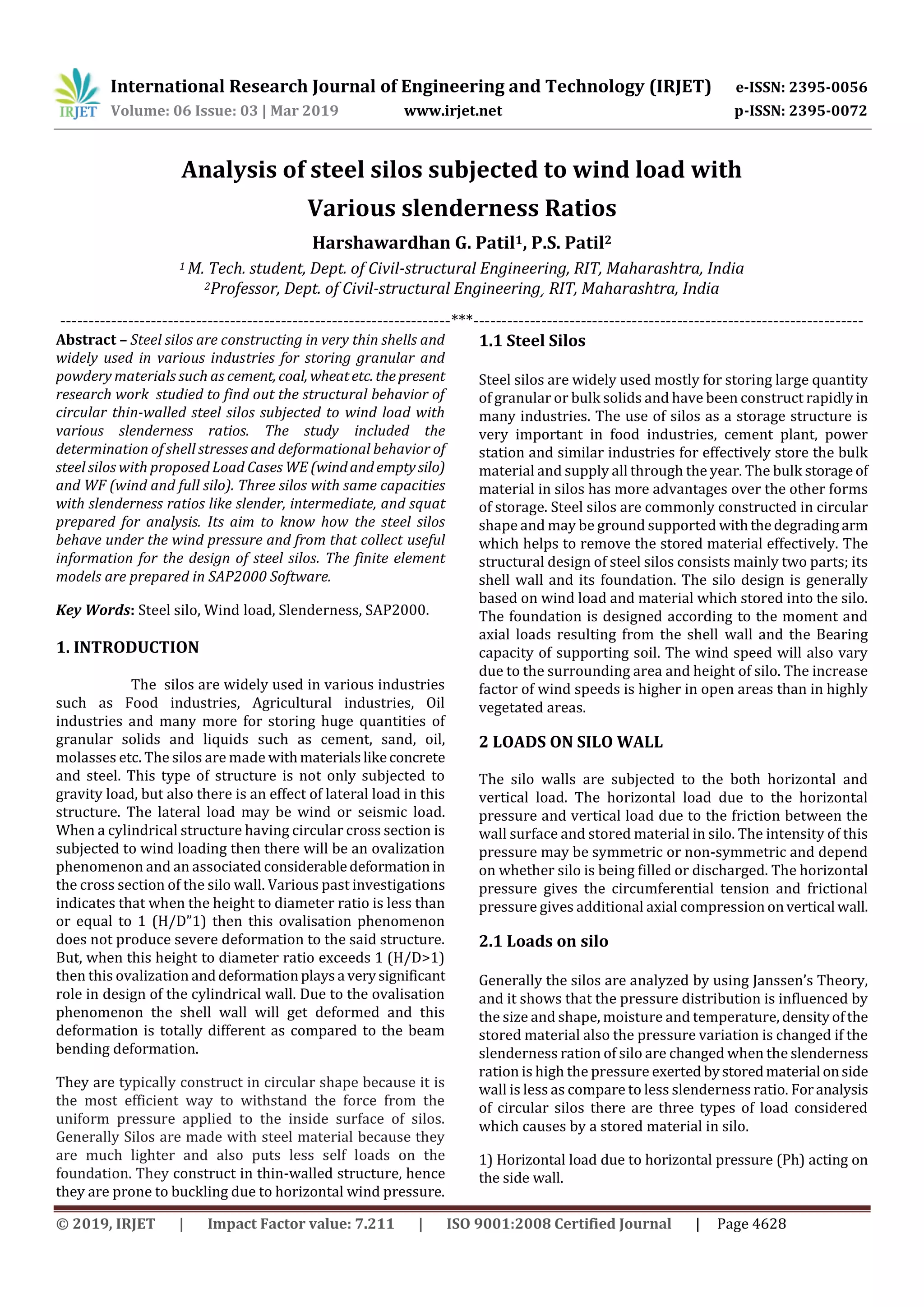 IRJET- Analysis of Steel Silos Subjected to Wind Load with Various ...