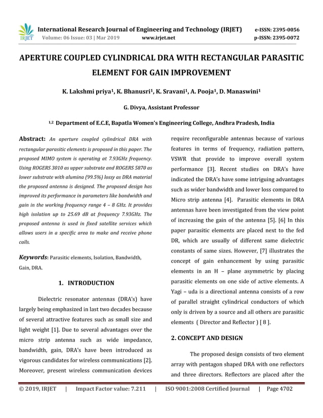 IRJET- Aperture Coupled Cylindrical Dra with Rectangular Parasitic ...