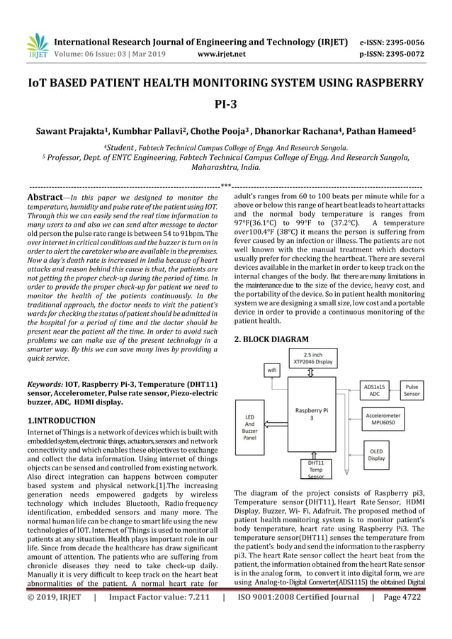IRJET- IoT based Patient Health Monitoring System using Raspberry Pi-3 ... IRJET- IoT based Patient Health Monitoring System using Raspberry Pi-3 ...