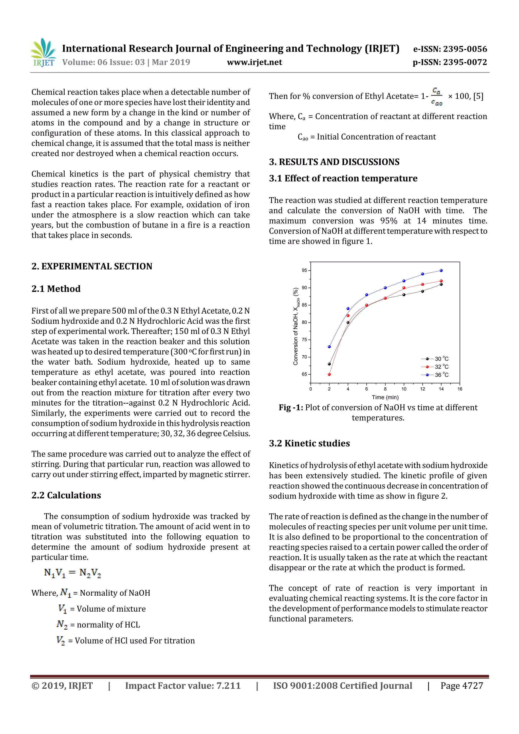 IRJET- Estimation of Parameters of Kinetic Study and Arrhenius Equation for the Reaction between ...
