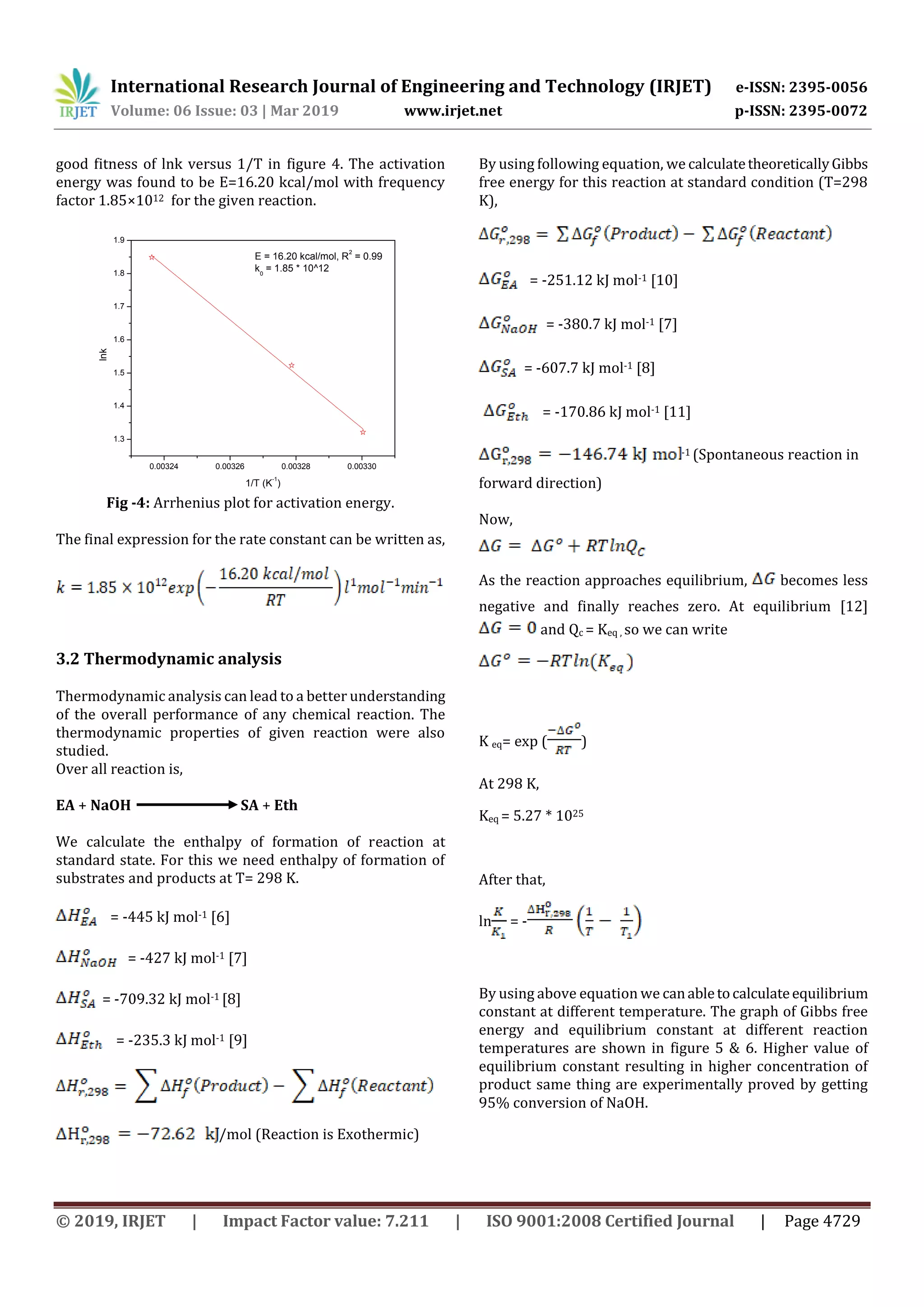 IRJET- Estimation of Parameters of Kinetic Study and Arrhenius Equation for the Reaction between ...