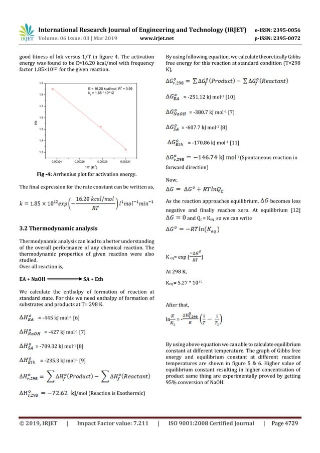 IRJET- Estimation of Parameters of Kinetic Study and Arrhenius Equation for the Reaction between ...