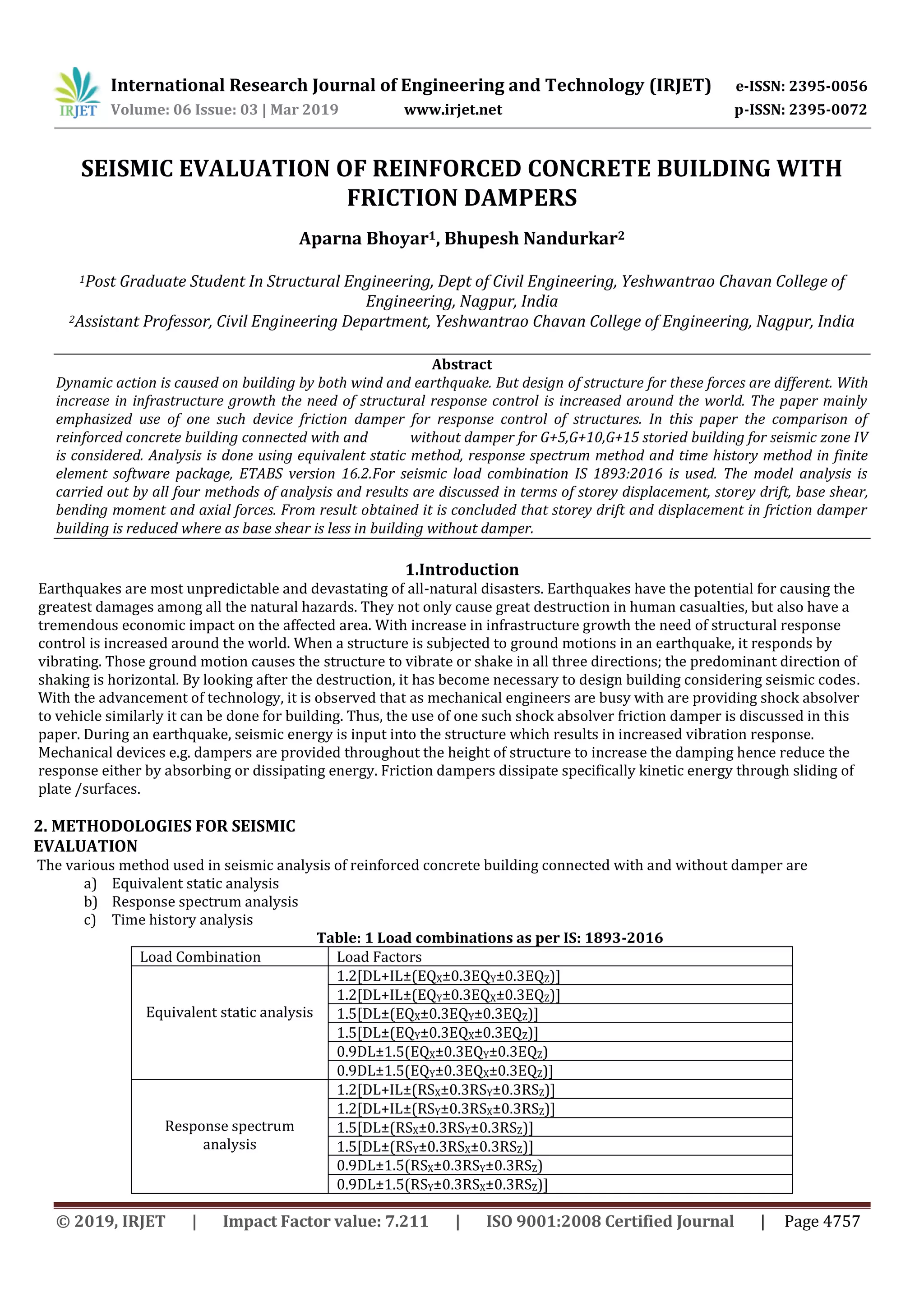 IRJET- Seismic Evaluation of Reinforced Concrete Building with Friction Dampers | PDF