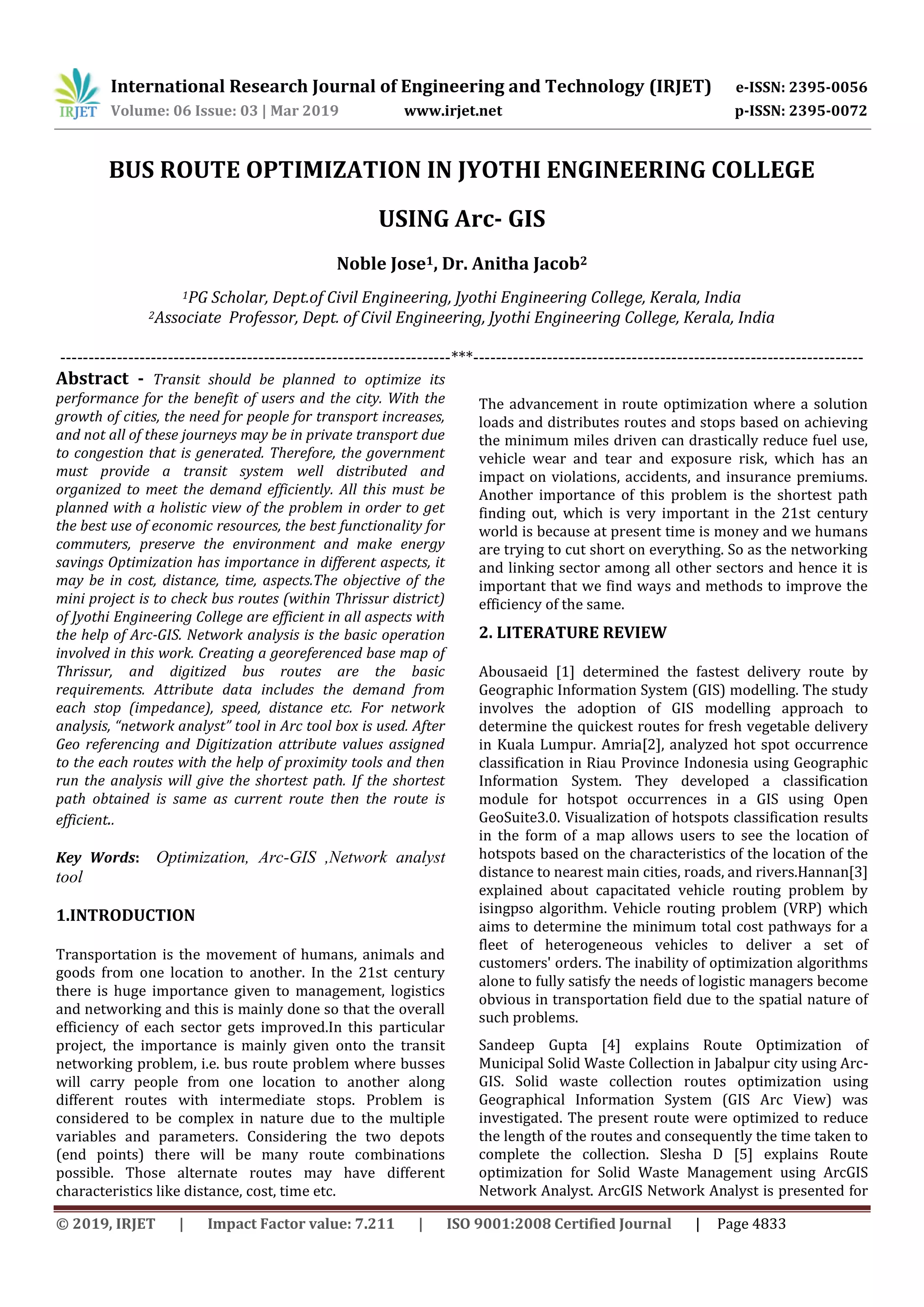 IRJET- Bus Route Optimization in Jyothi Engineering College using ARC- GIS | PDF