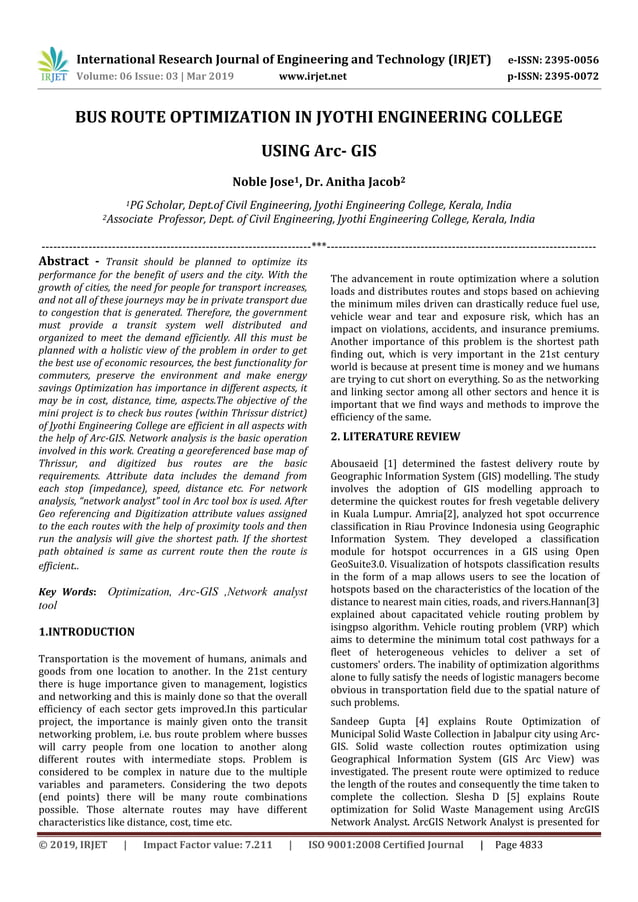 IRJET- Bus Route Optimization in Jyothi Engineering College using ARC- GIS | PDF