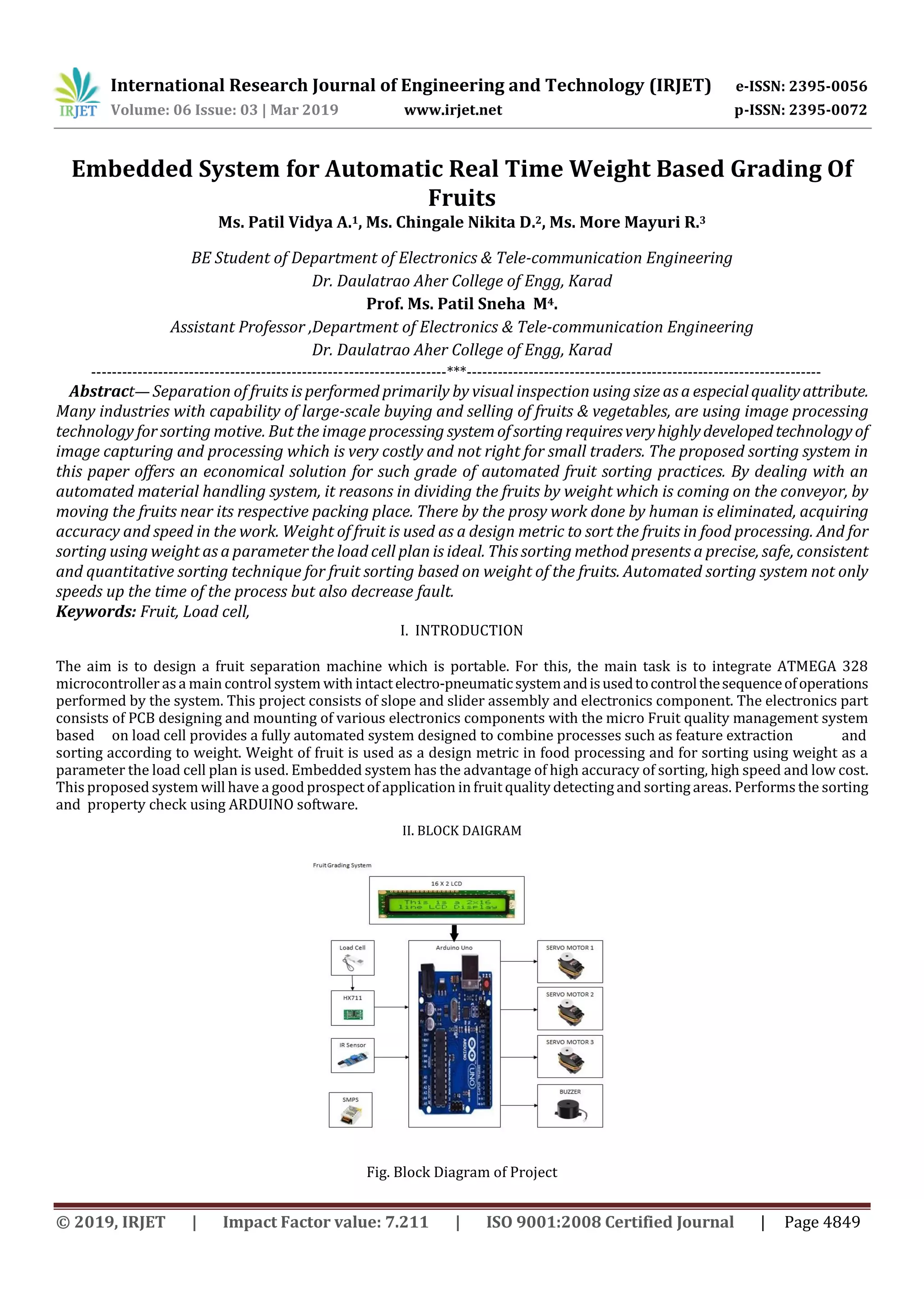 IRJET- Embedded System for Automatic Real Time Weight based Grading of Fruits | PDF