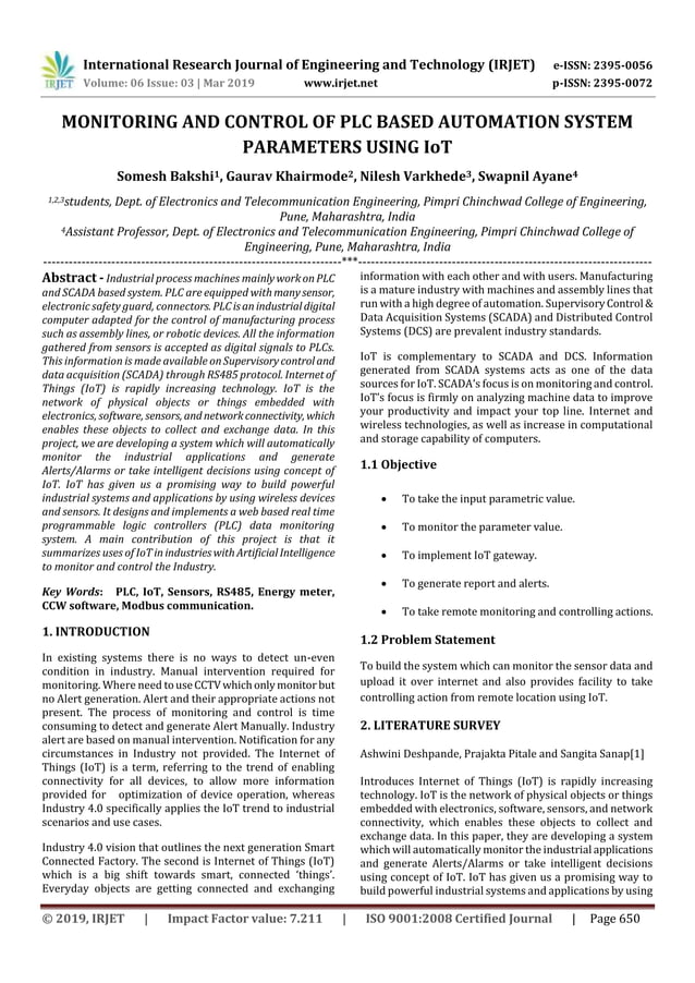 IRJET- Monitoring and Control of PLC based Automation System Parameters using IoT | PDF
