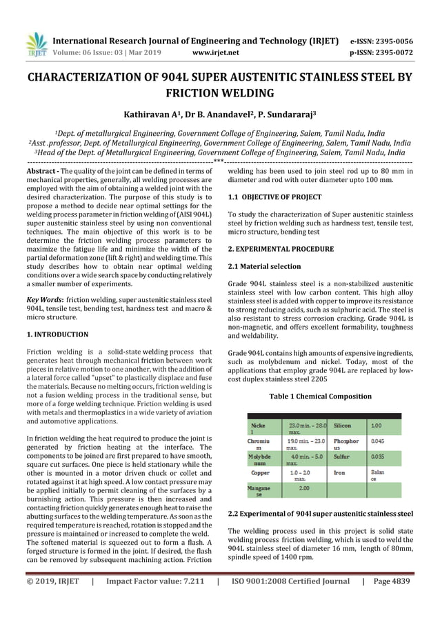 IRJET- Characterization of 904l Super Austenitic Stainless Steel by Friction Welding | PDF