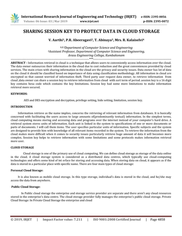 IRJET- Sharing Session Key to Protect Data in Cloud Storage | PDF