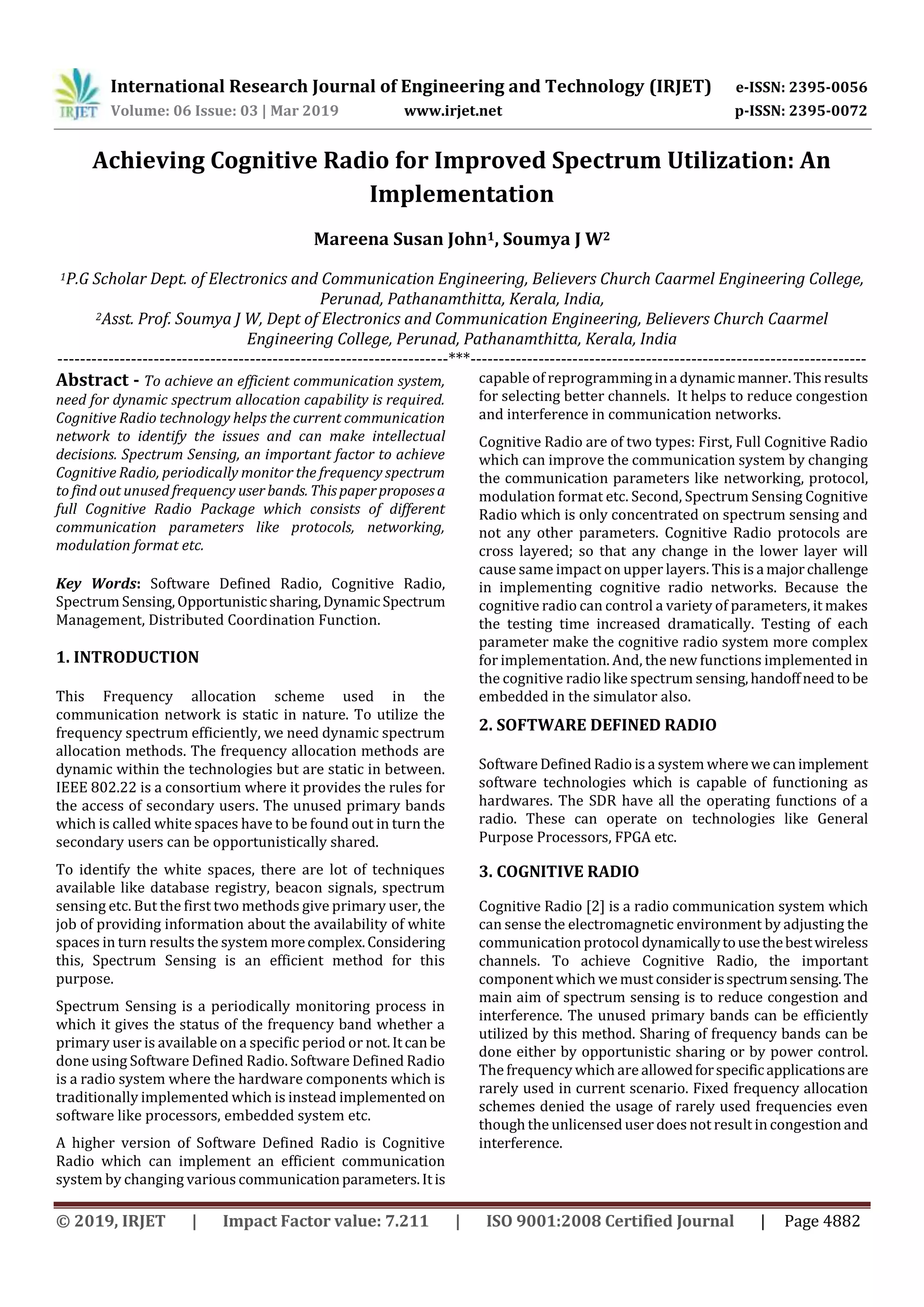 IRJET- Achieving Cognitive Radio for Improved Spectrum Utilization: An Implementation | PDF
