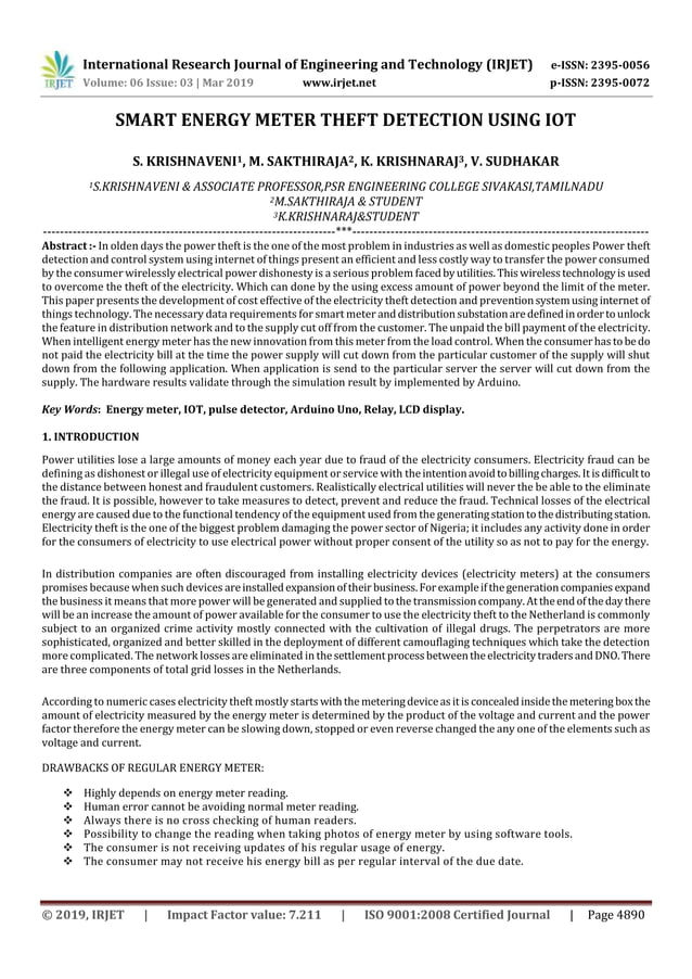 IRJET- Smart Energy Meter Theft Detection using IoT | PDF