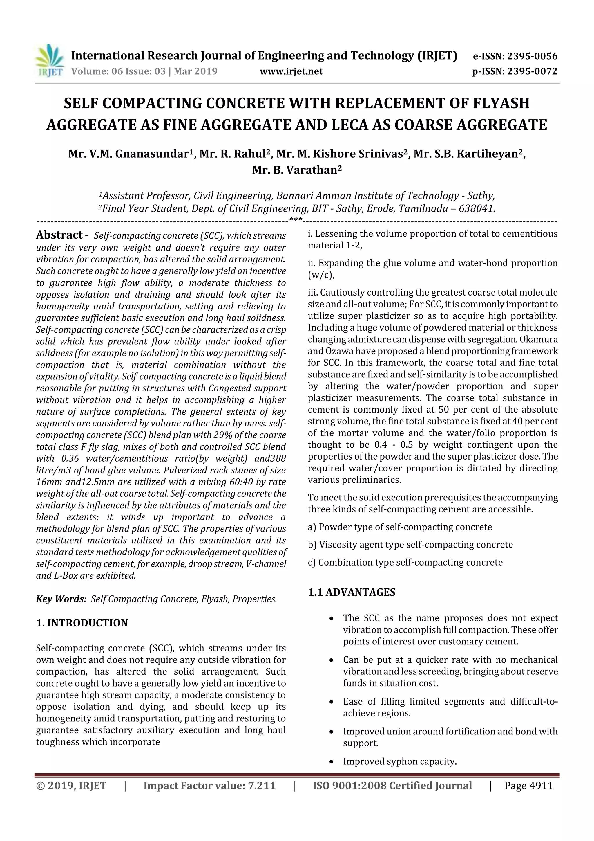IRJET- Self Compacting Concrete with Replacement of Flyash Aggregate as ...