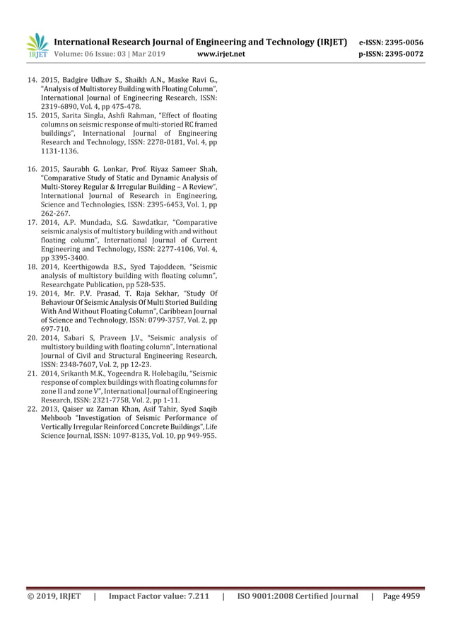 Irjet Seismic Analysis Of Multistorey Buildings With Vertical Irregularities Having Floating