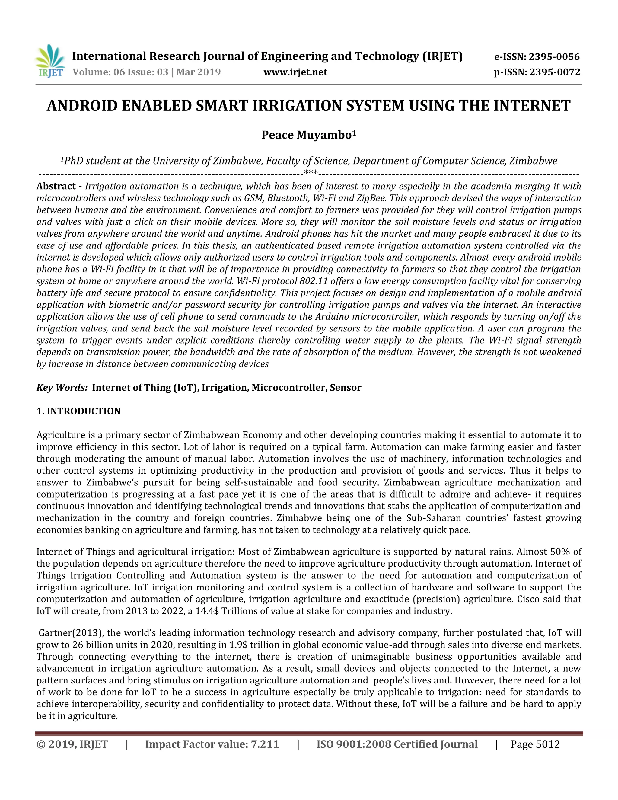 IRJET- Android Enabled Smart Irrigation System using the Internet | PDF