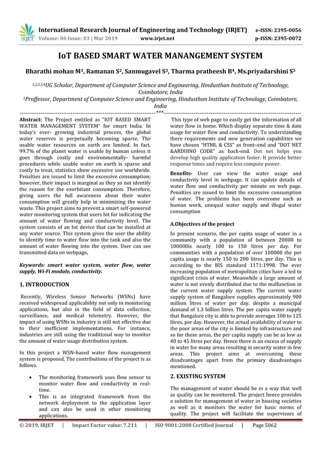 IRJET- IoT based Smart Water Manangement System | PDF