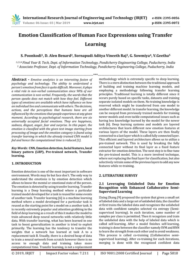 IRJET- Emotion Classification of Human Face Expressions using Transfer Learning | PDF