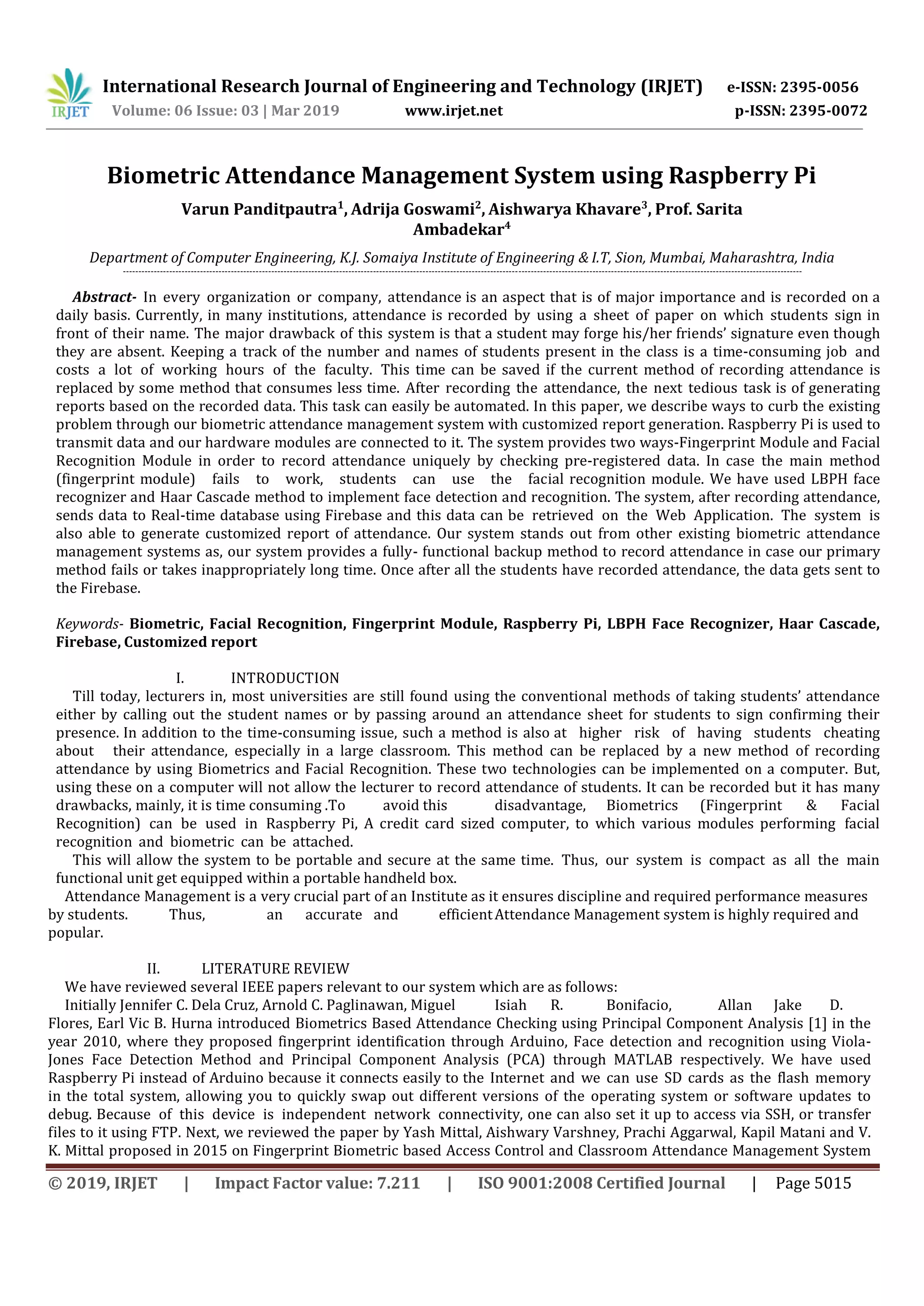 IRJET- Biometric Attendance Management System using Raspberry Pi | PDF