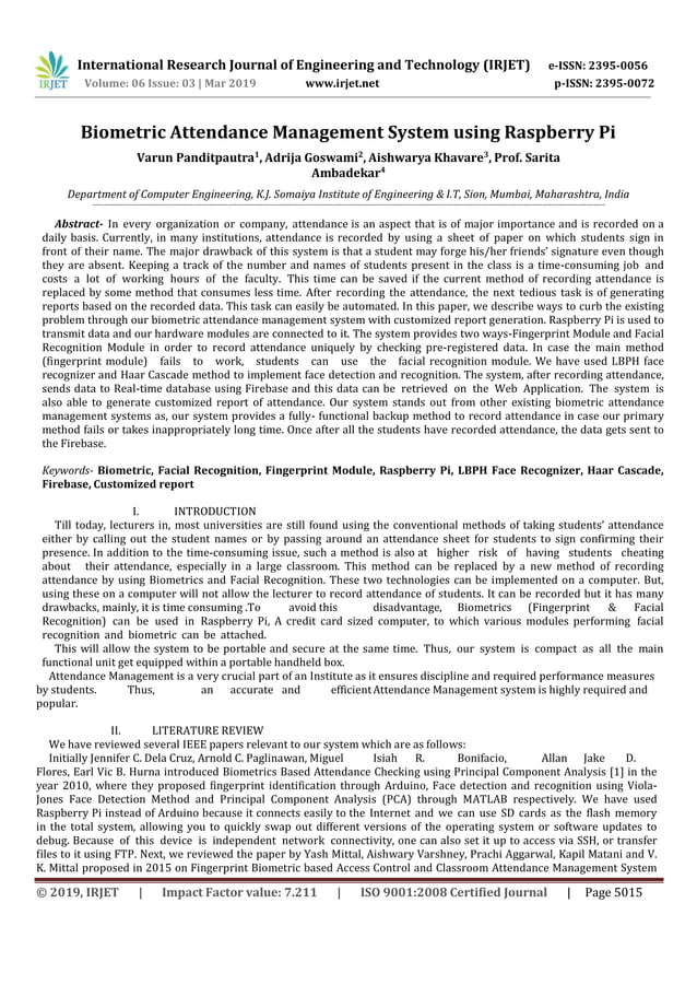 IRJET- Biometric Attendance Management System using Raspberry Pi | PDF
