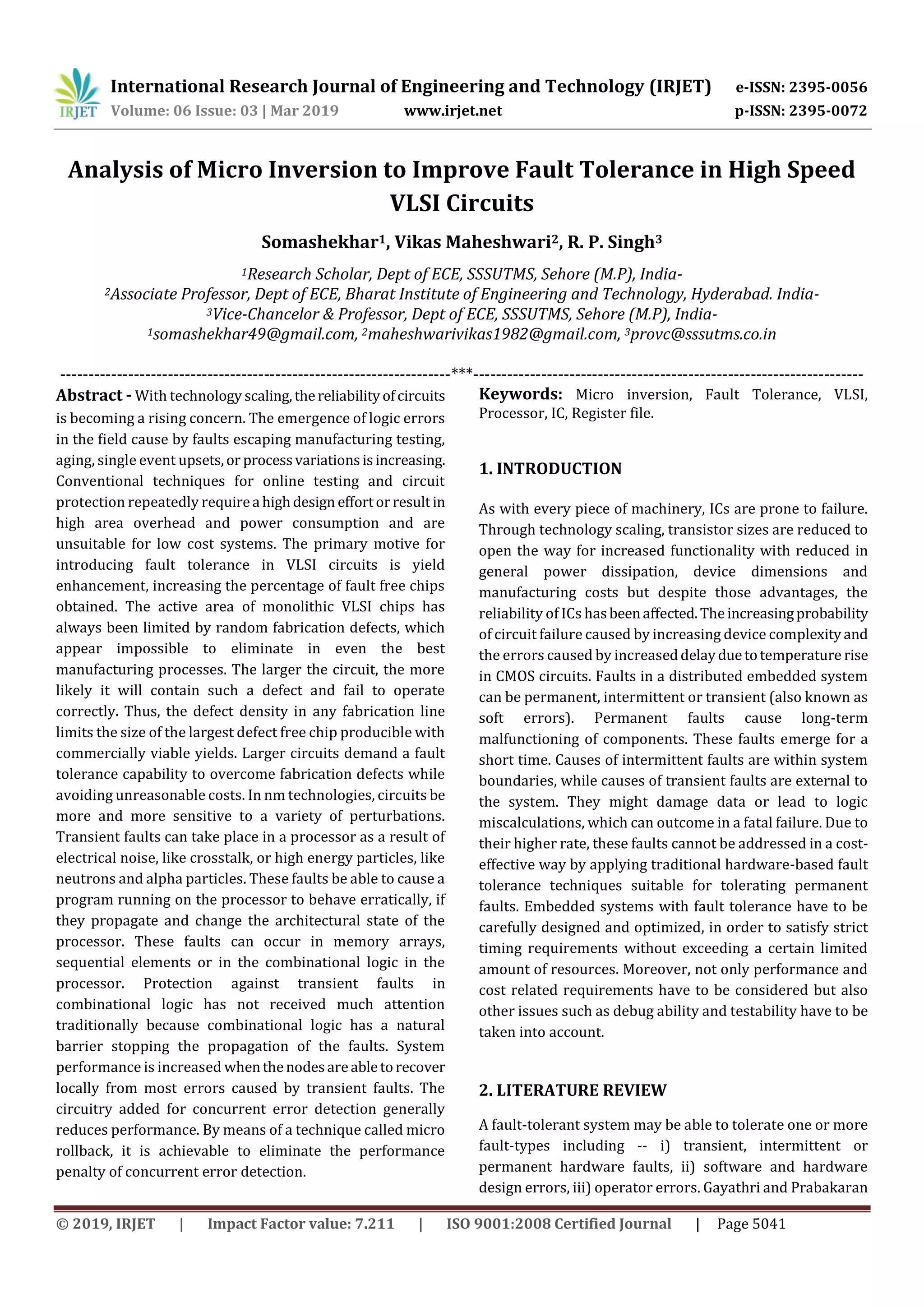 IRJET- Analysis of Micro Inversion to Improve Fault Tolerance in High Speed VLSI Circuits | PDF