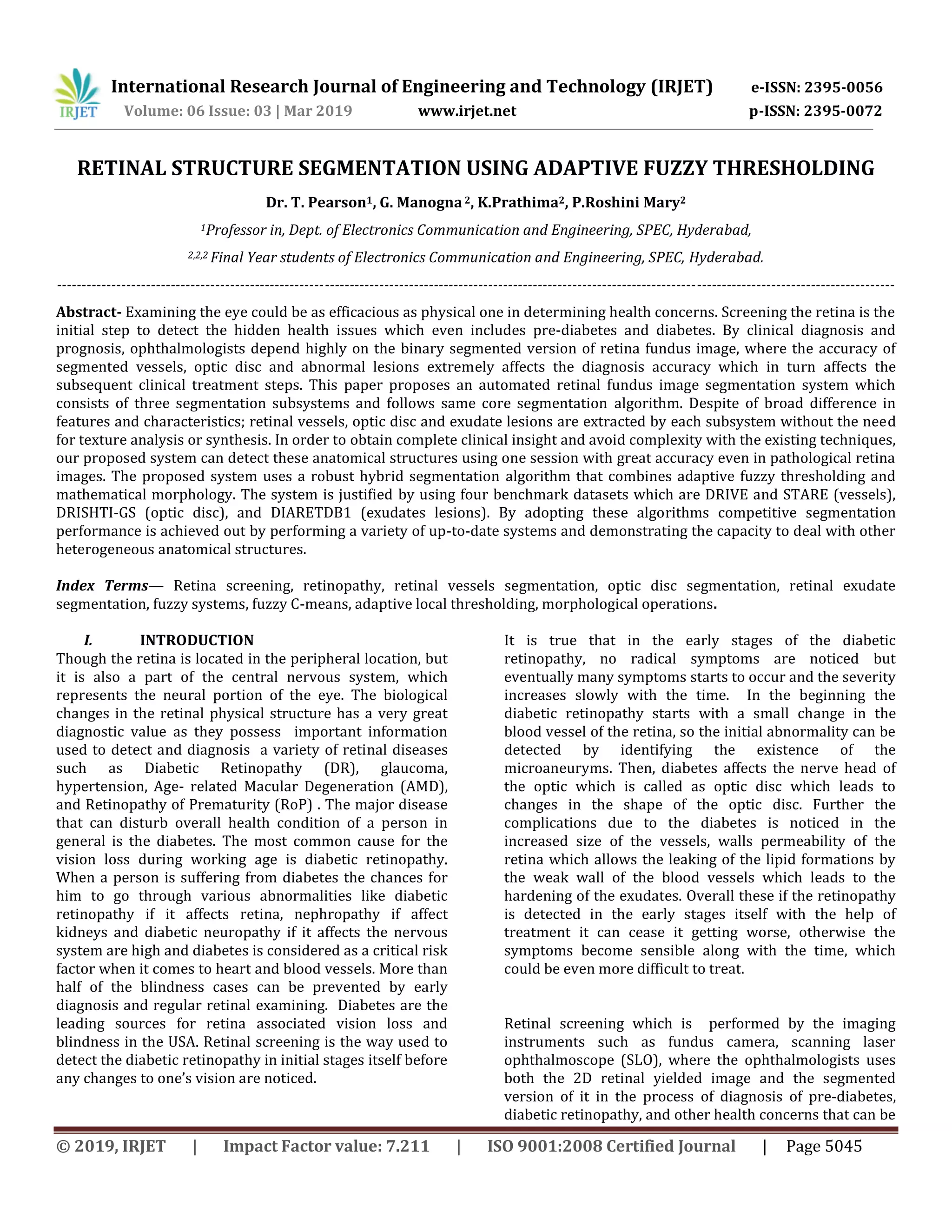 IRJET- Retinal Structure Segmentation using Adaptive Fuzzy Thresholding | PDF