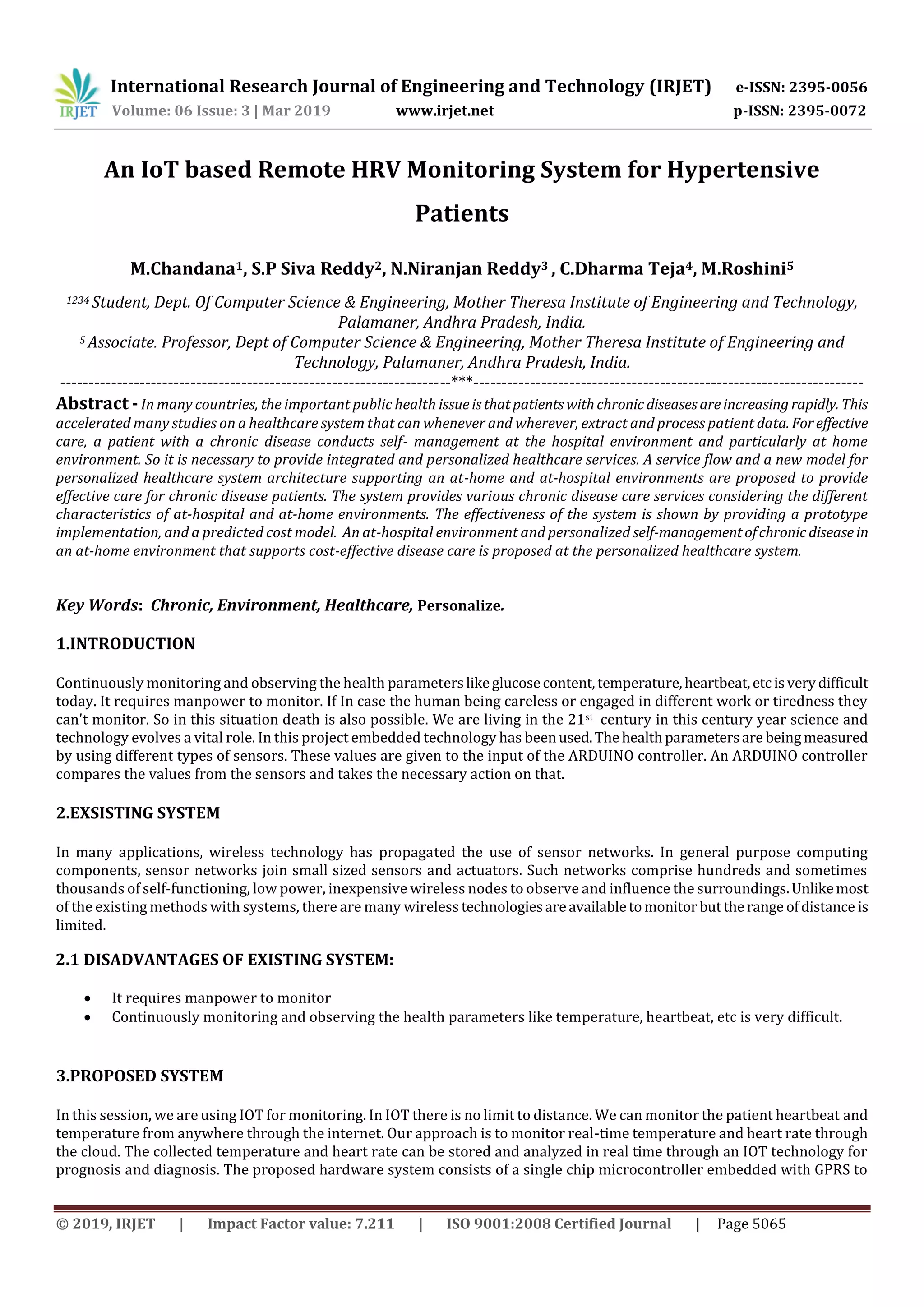 IRJET- An IoT based Remote HRV Monitoring System for Hypertensive ...