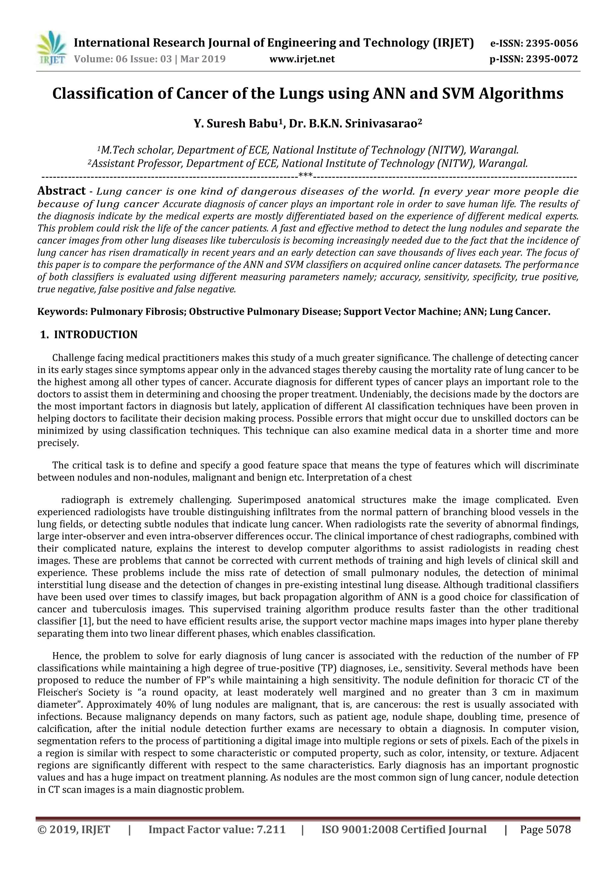 IRJET- Classification of Cancer of the Lungs using ANN and SVM Algorithms | PDF