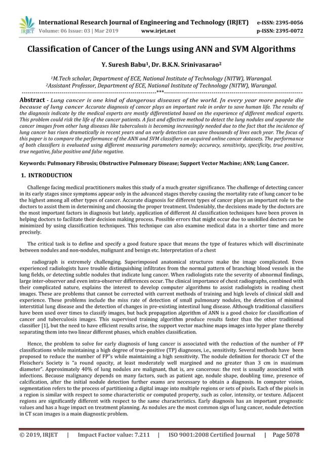 Irjet Classification Of Cancer Of The Lungs Using Ann And Svm Algorithms Pdf