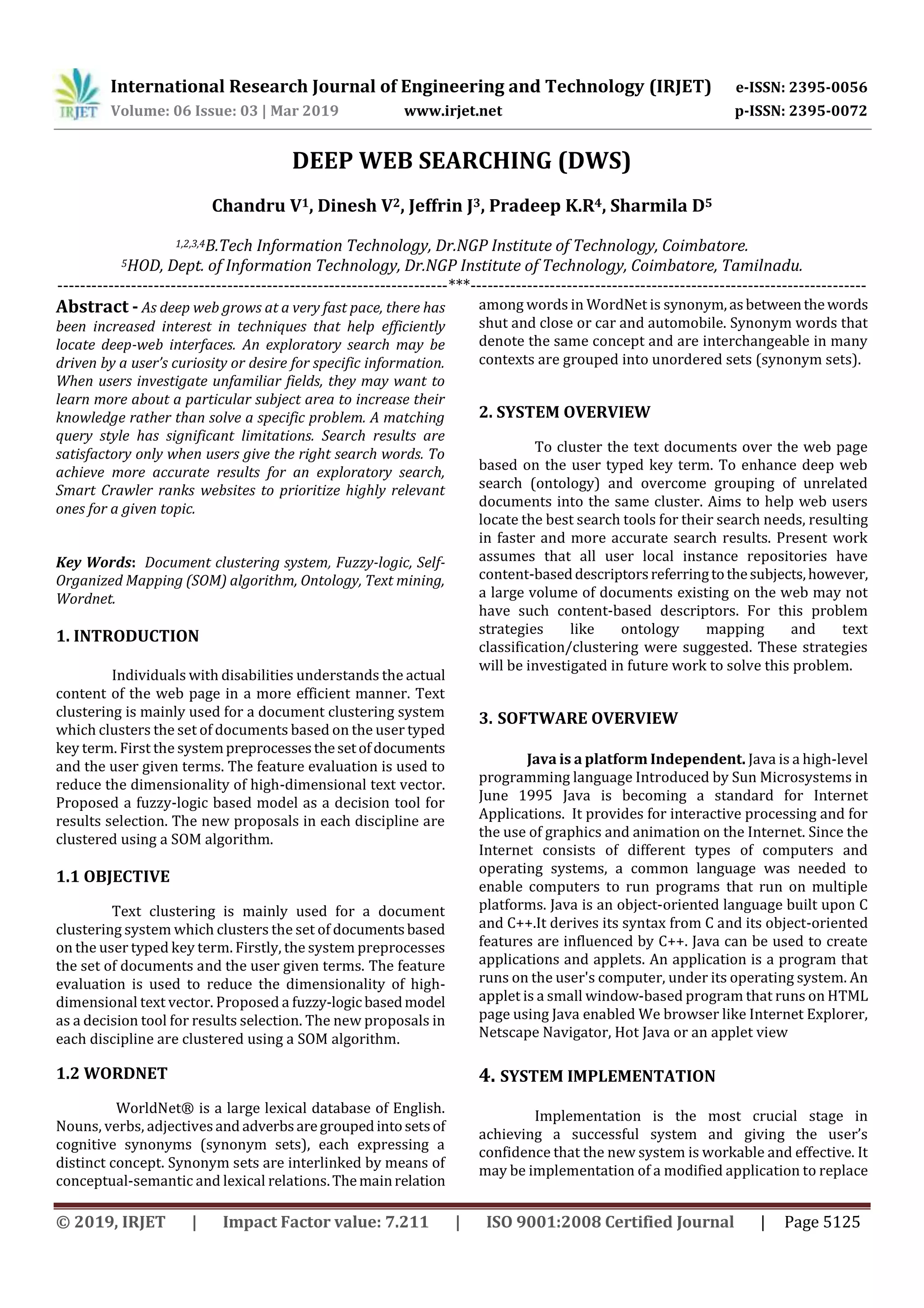 IRJET- Deep Web Searching (DWS) | PDF | Search | Internet