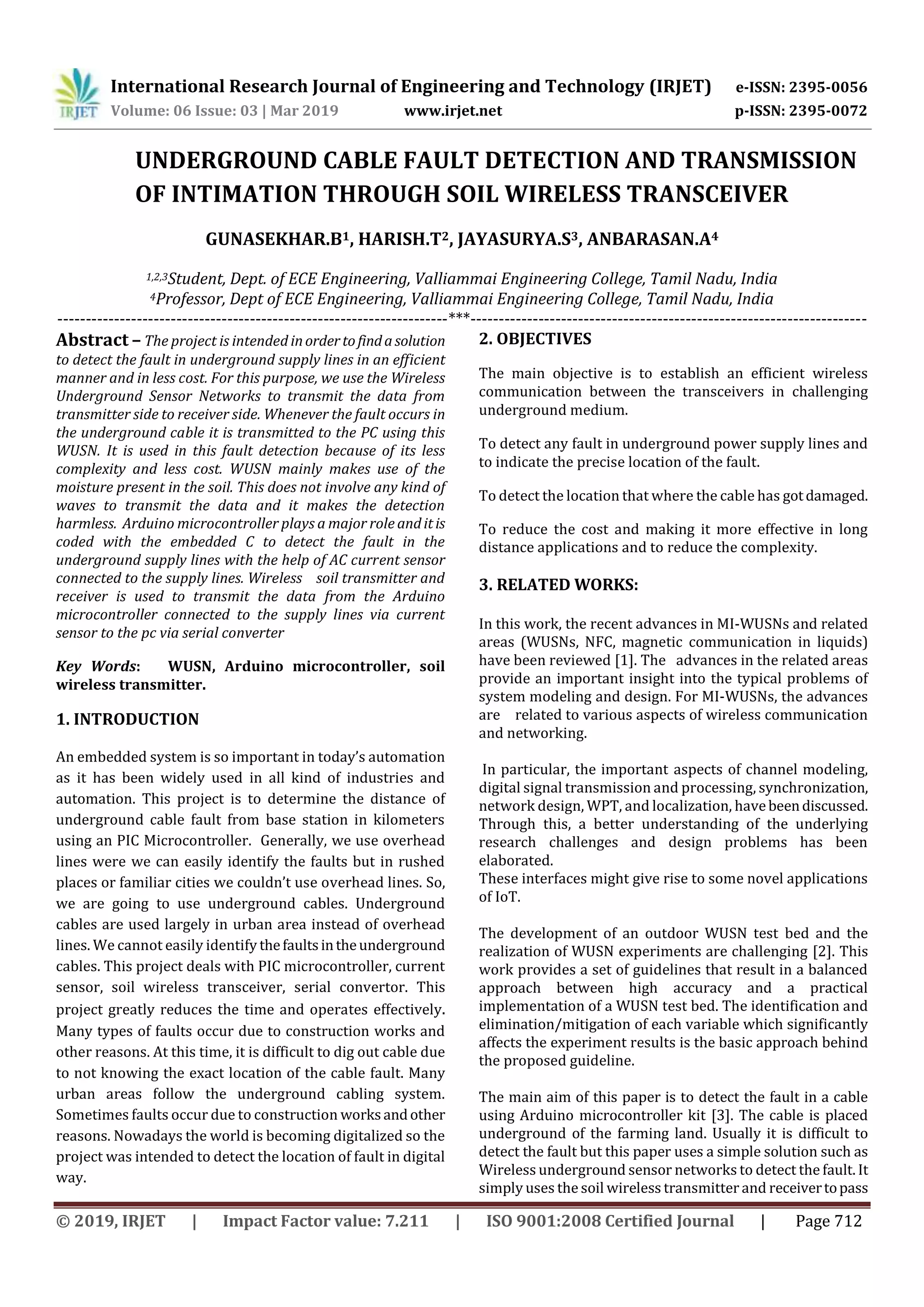 Irjet Underground Cable Fault Detection And Transmission Of Intimation