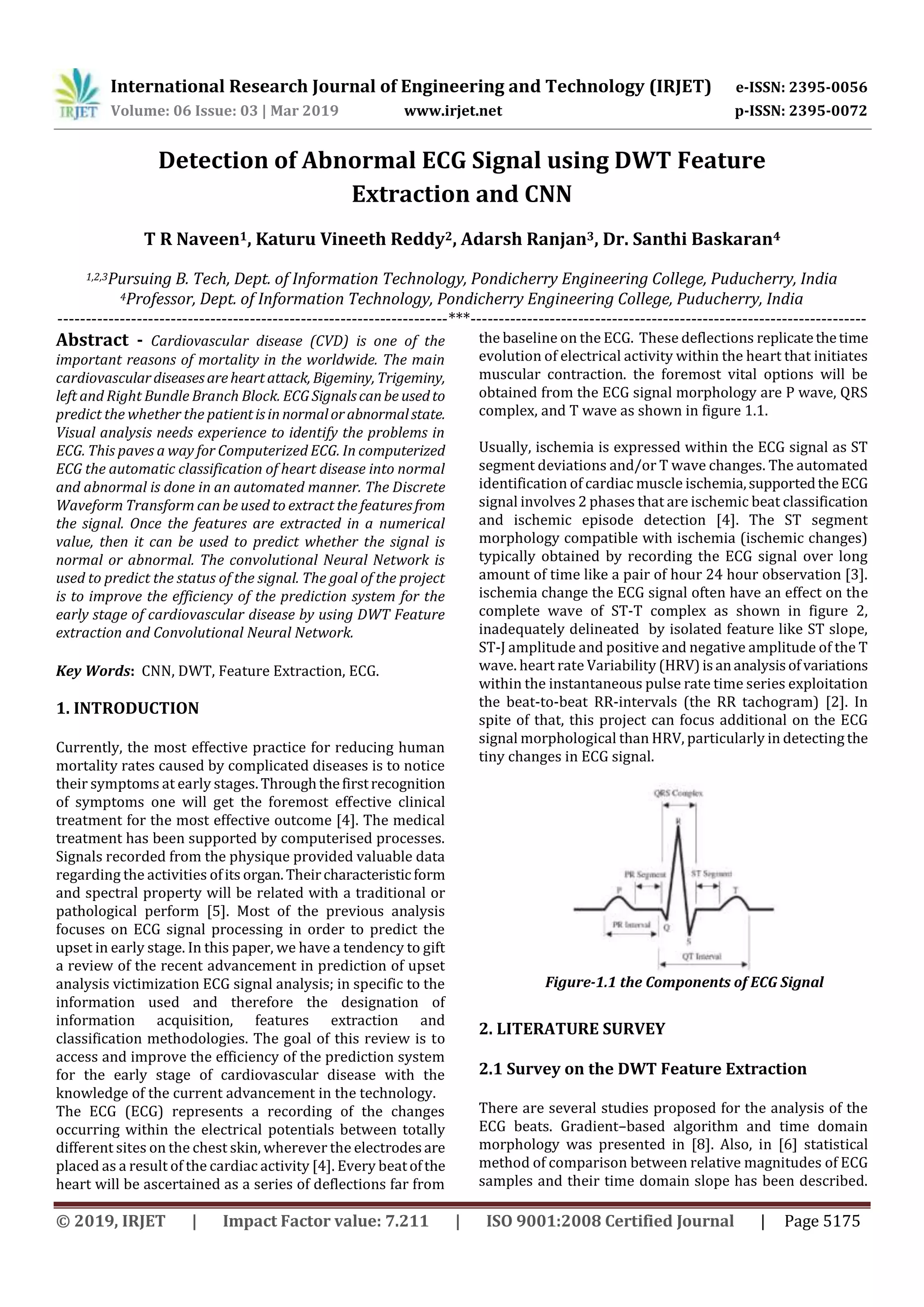 Irjet Detection Of Abnormal Ecg Signal Using Dwt Feature Extraction