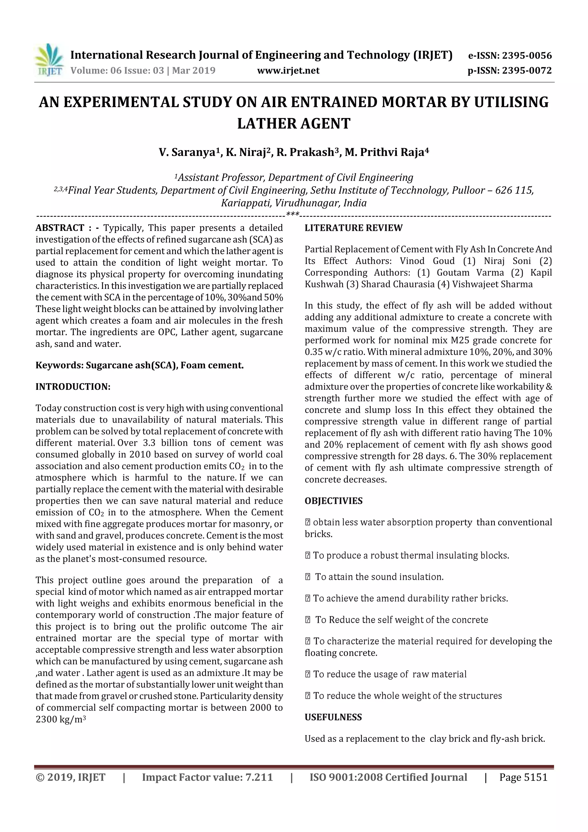 IRJET- An Experimental Study on Air Entrained Mortar by Utilising ...