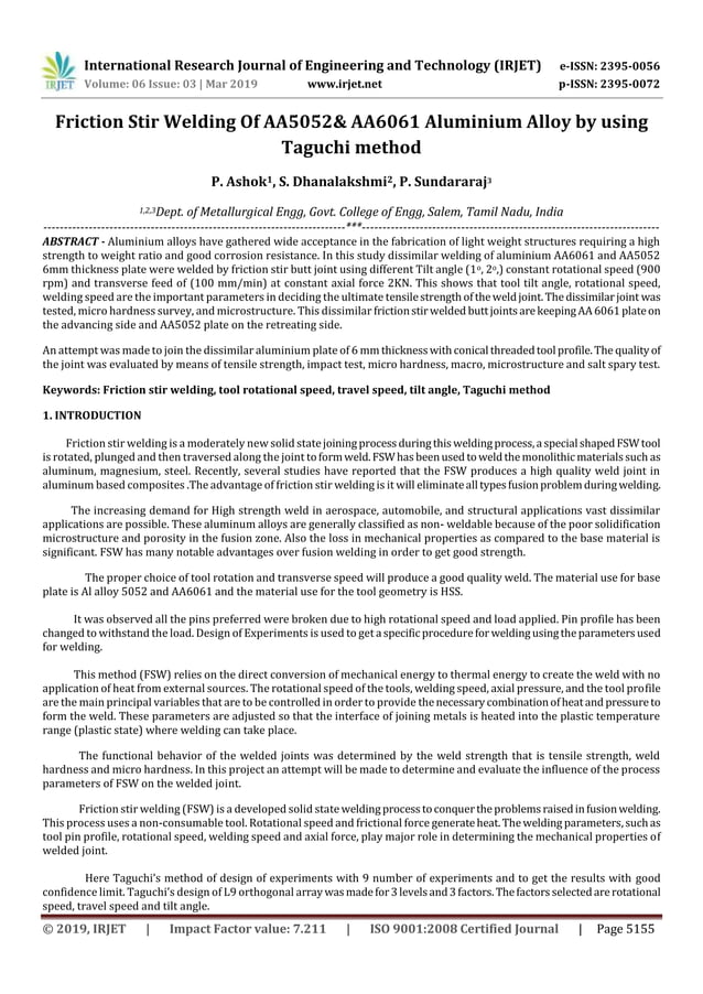 IRJET- Friction Stir Welding of AA5052& AA6061 Aluminium Alloy by using Taguchi Method | PDF ...