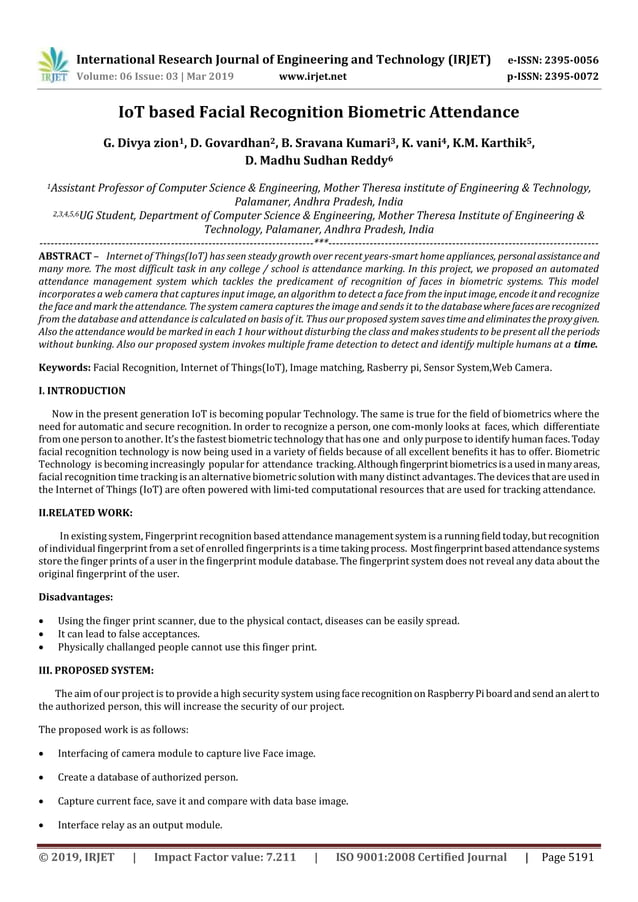 IRJET- IoT based Facial Recognition Biometric Attendance | PDF