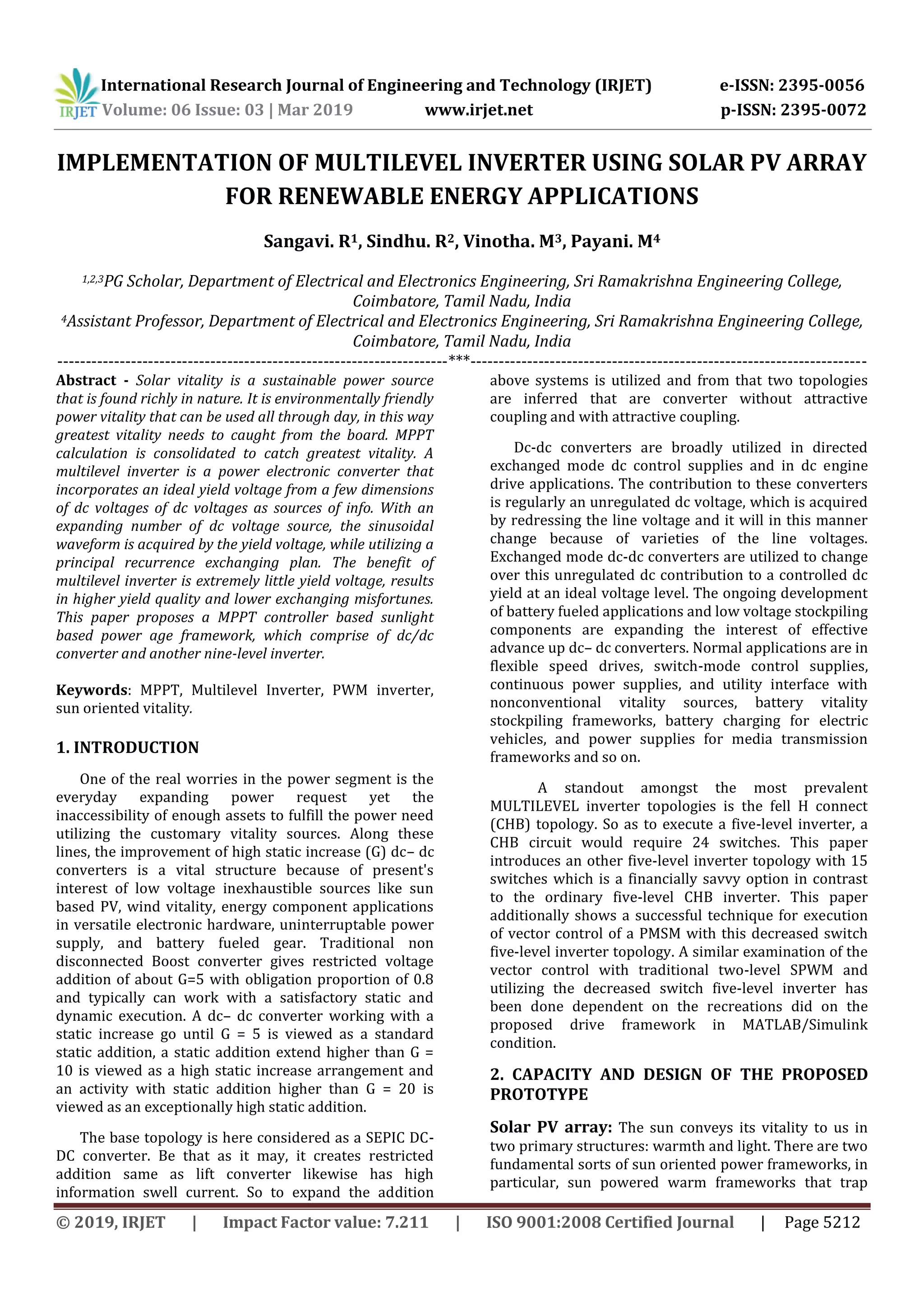 IRJET- Implementation of Multilevel Inverter using Solar PV Array for Renewable Energy ...