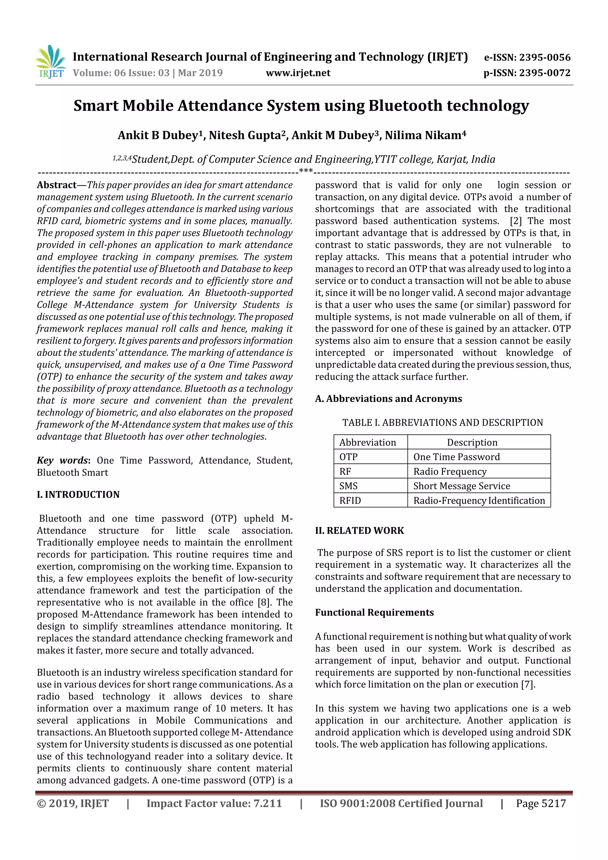 IRJET- Smart Mobile Attendance System using Bluetooth Technology | PDF
