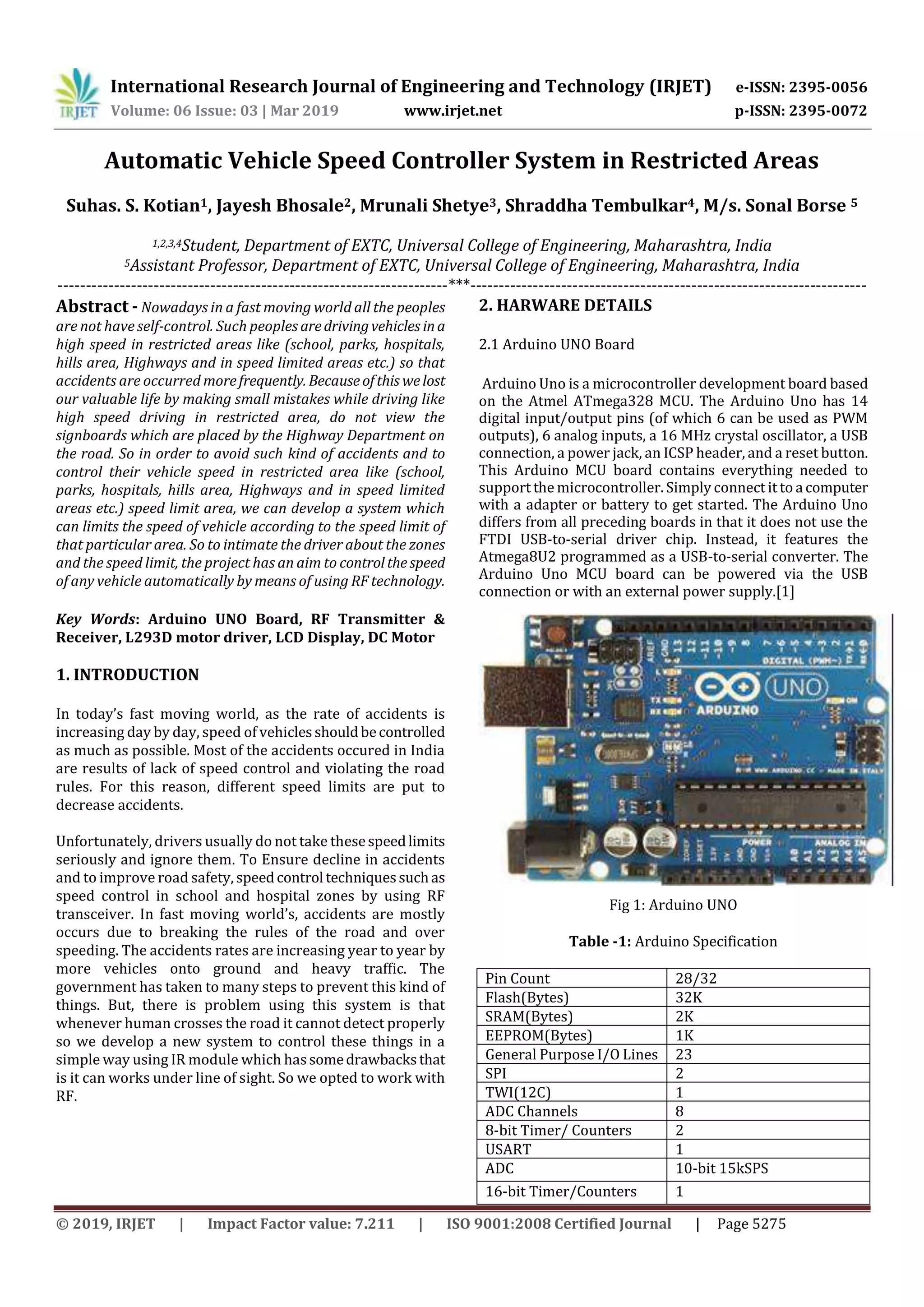 IRJET- Automatic Vehicle Speed Controller System in Restricted Areas | PDF