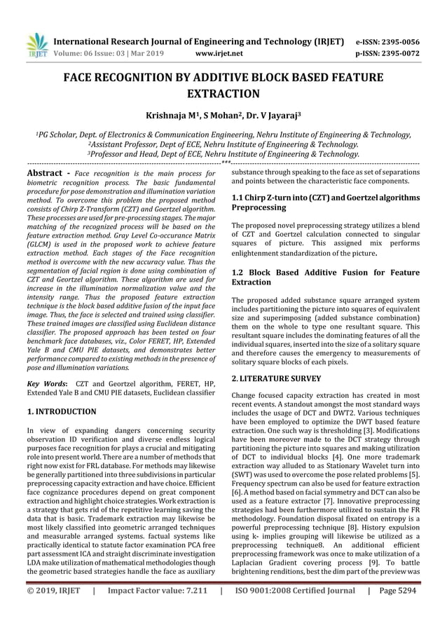 Irjet Face Recognition By Additive Block Based Feature Extraction Pdf