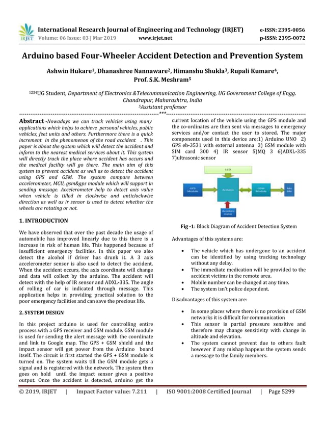 IRJET- Arduino based Four-Wheeler Accident Detection and Prevention System | PDF