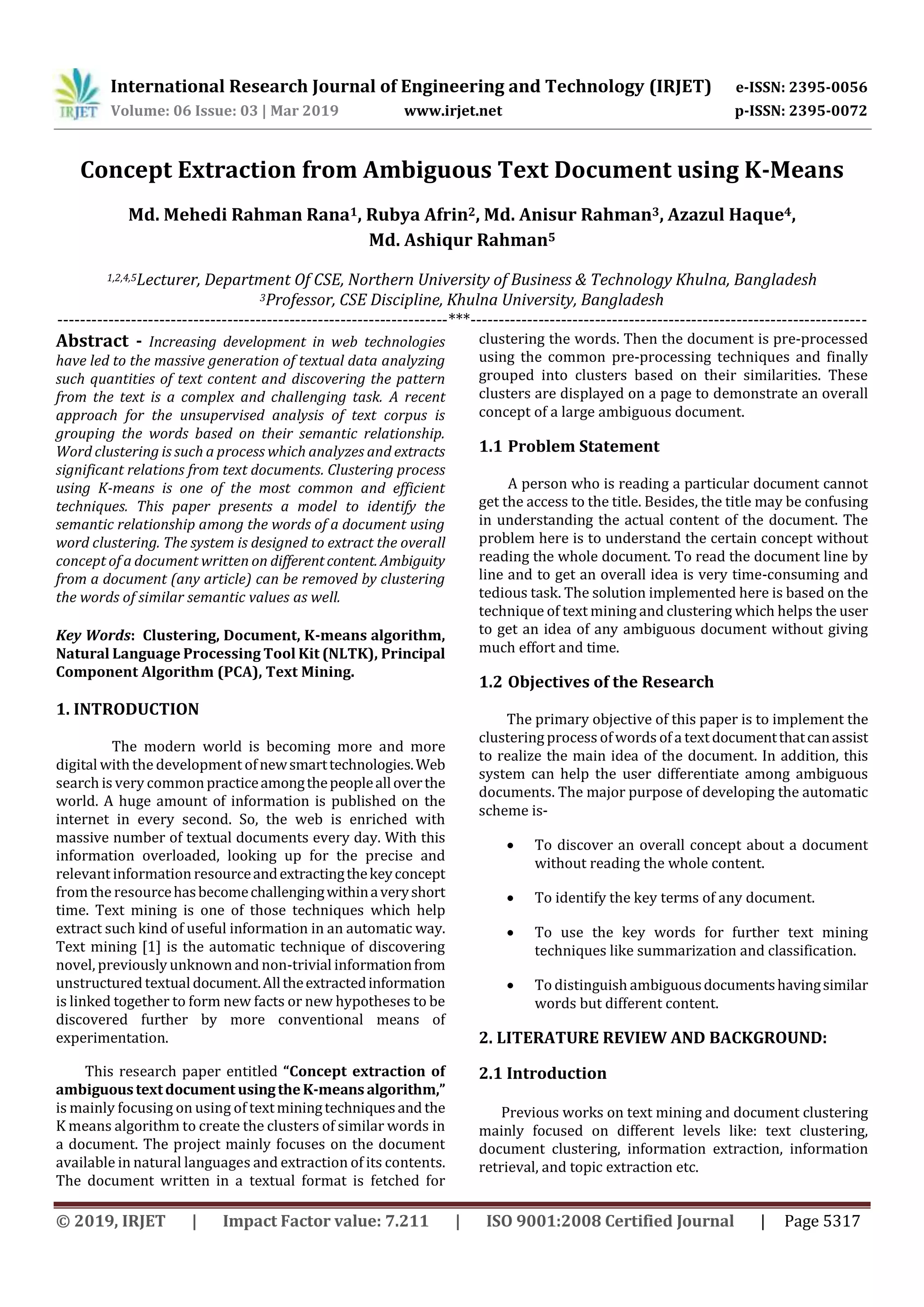 IRJET- Concept Extraction from Ambiguous Text Document using K-Means | PDF