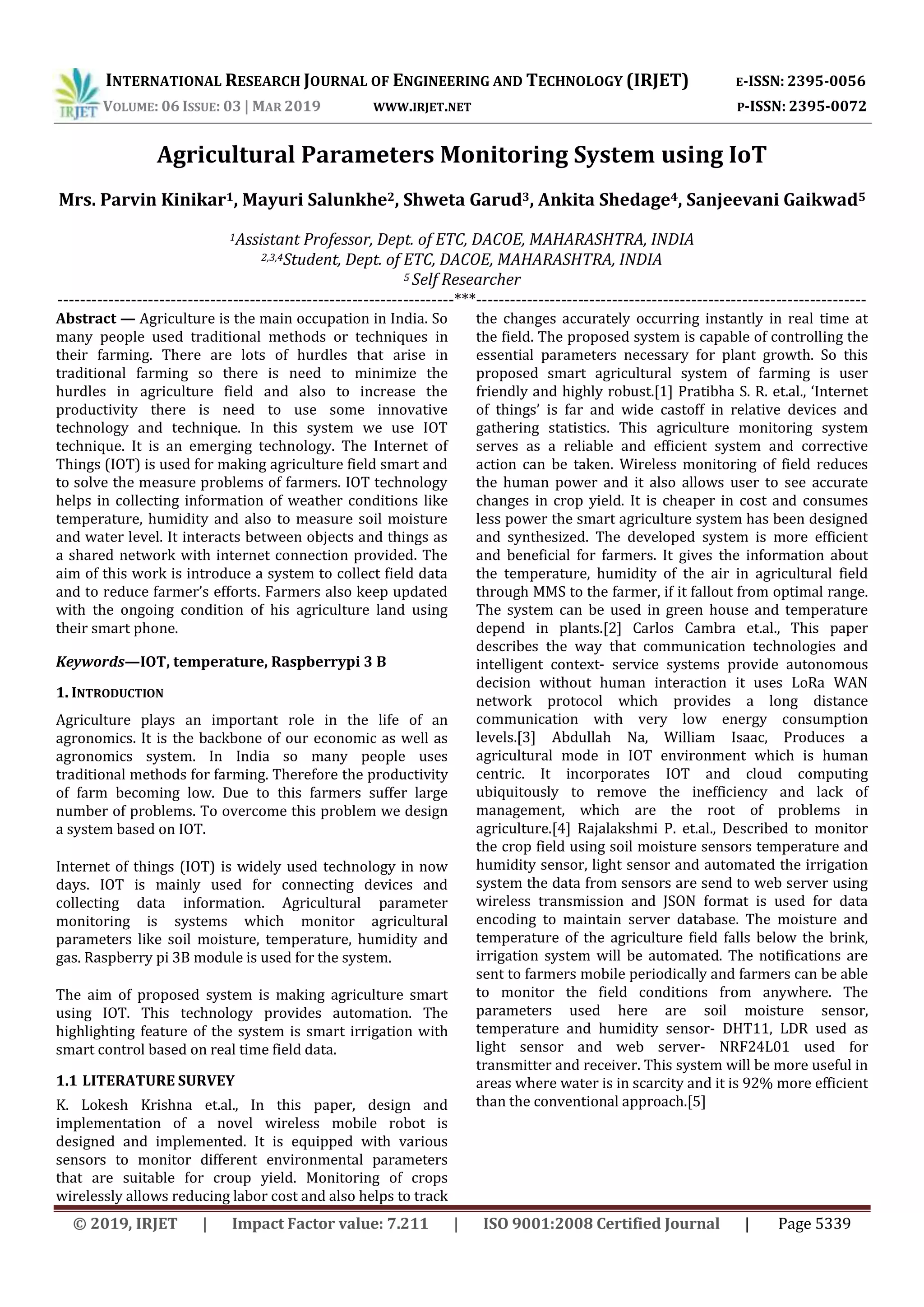 IRJET- Agricultural Parameters Monitoring System using IoT | PDF