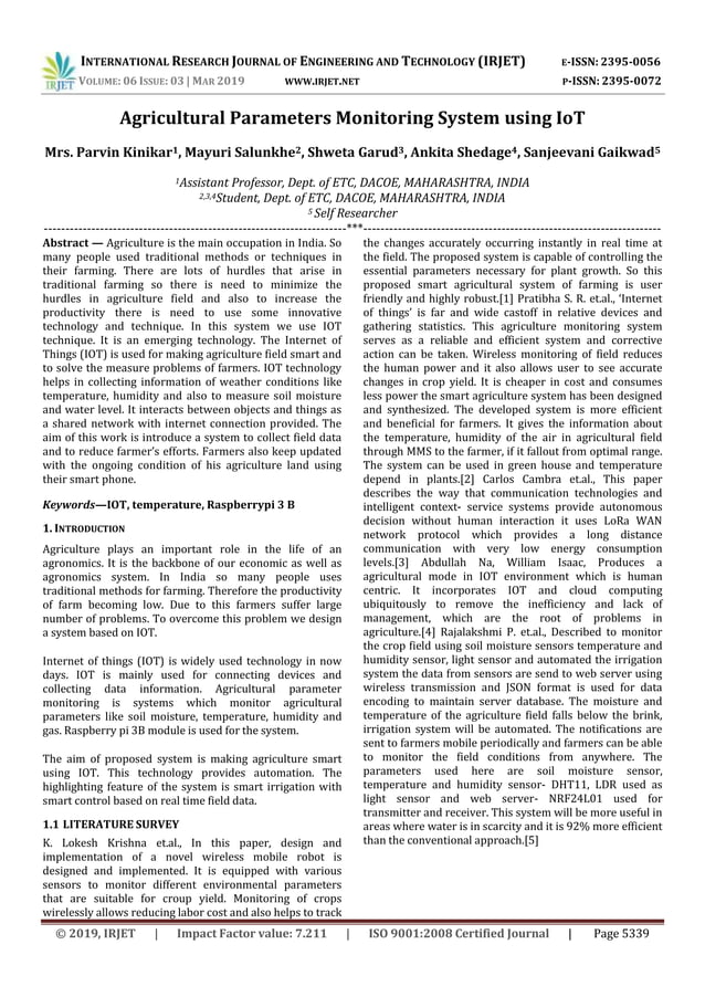 IRJET- Agricultural Parameters Monitoring System using IoT | PDF