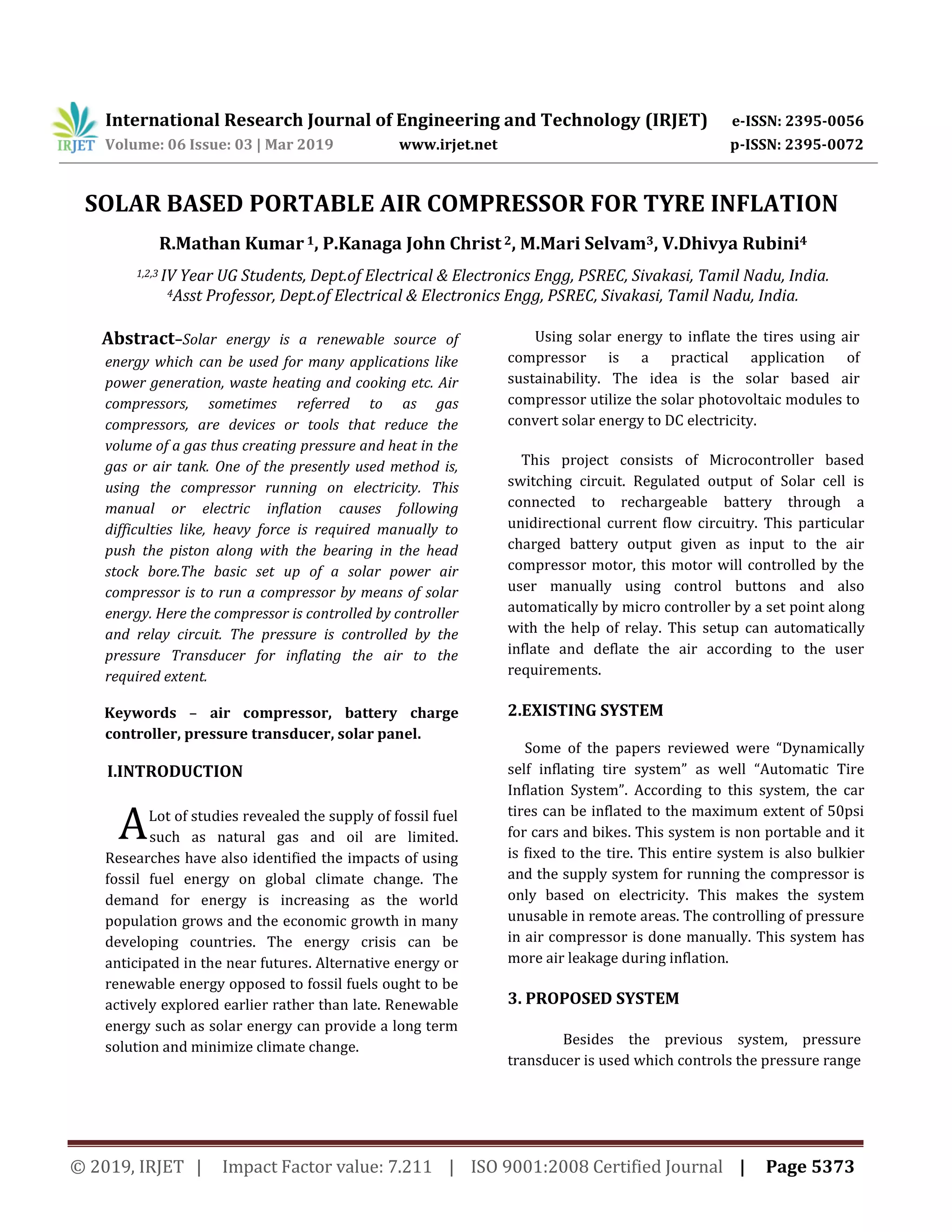 IRJET- Solar based Portable Air Compressor for Tyre Inflation | PDF